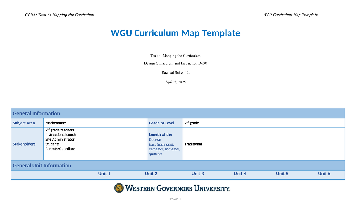 GGN1: Task 4 - Curriculum Mapping for 2nd Grade Math Instruction - Studocu