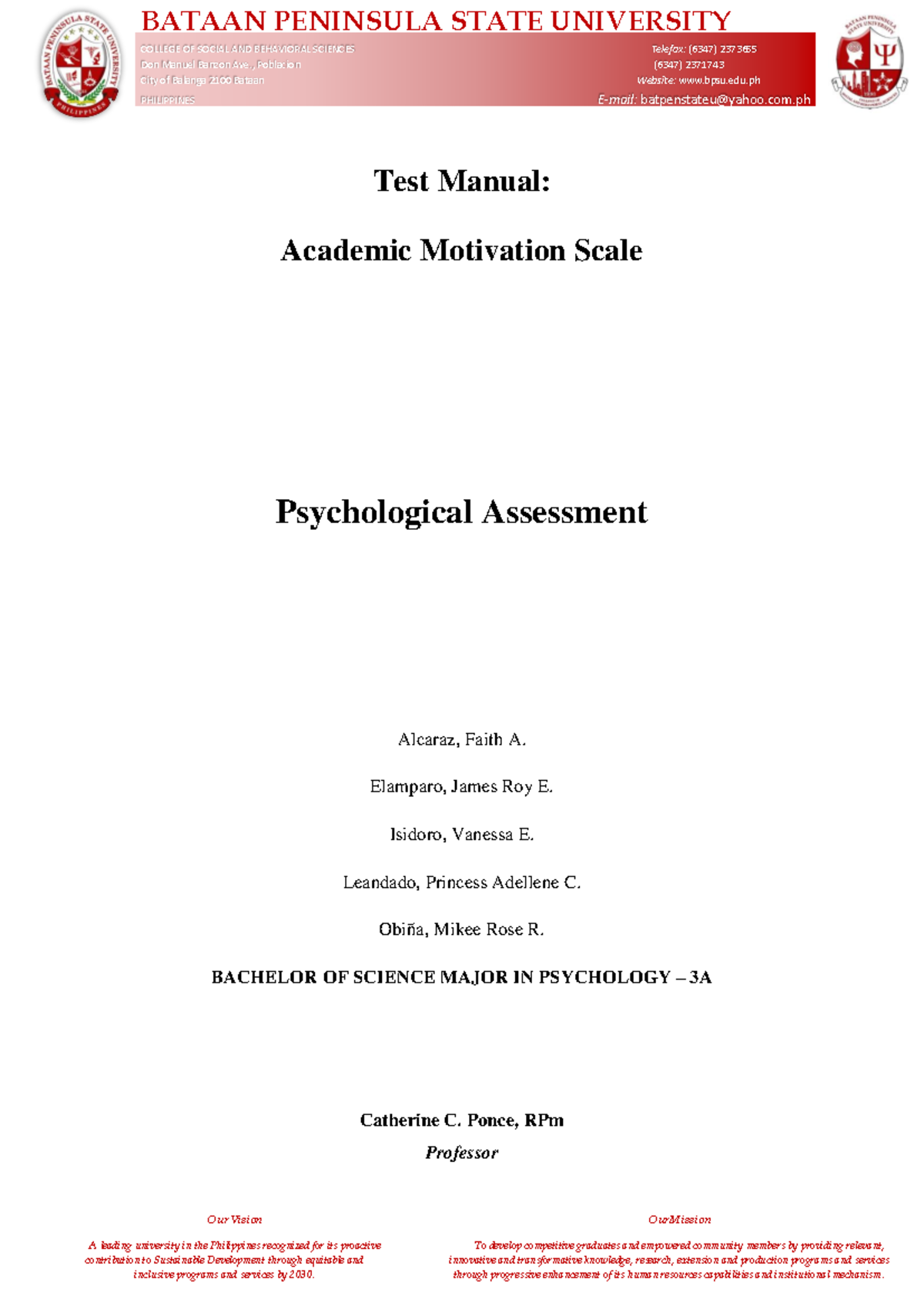 Academic Motivation Scale: Test Manual & Final Evaluation Guide - Studocu