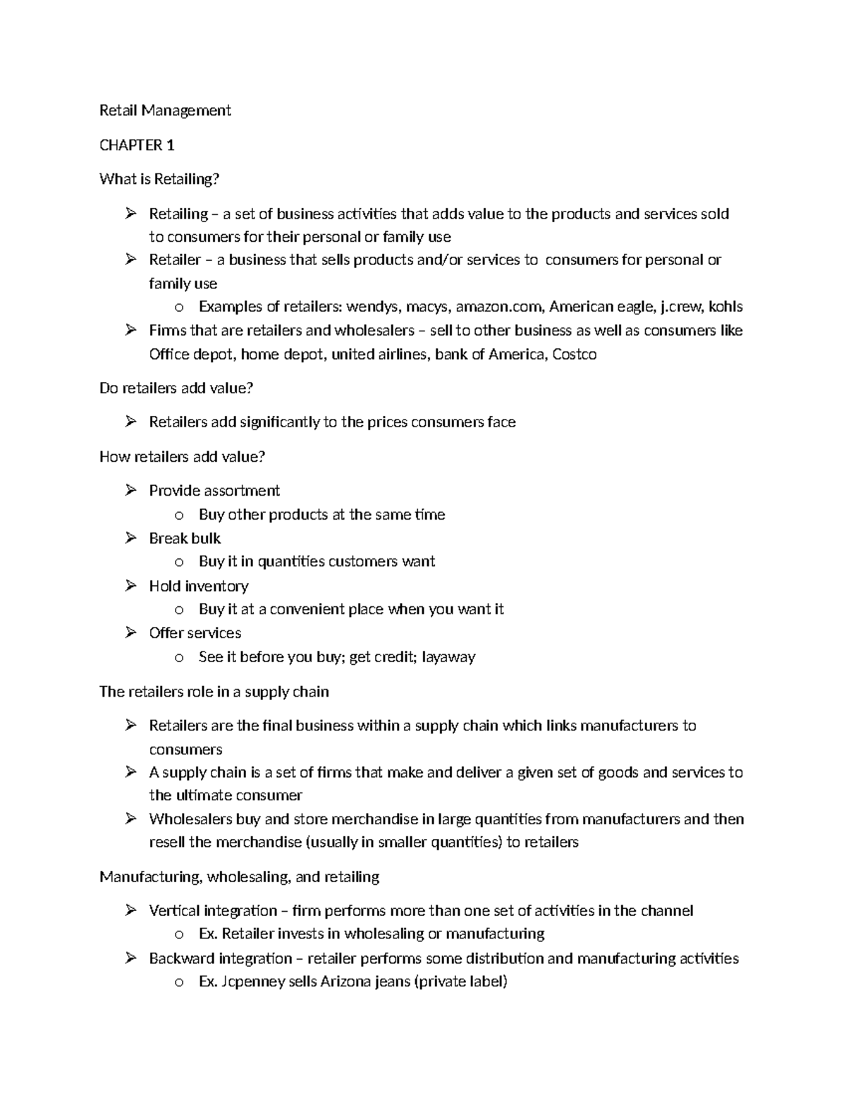 4604 Exam 1 notes - Retail Management CHAPTER 1 What is Retailing ...