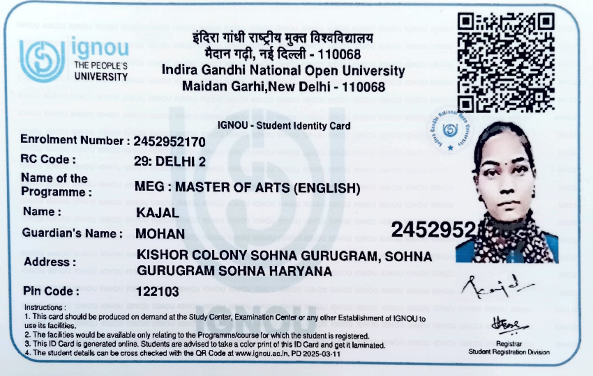IGNOU MEG Student ID Card Details and Instructions - Studocu