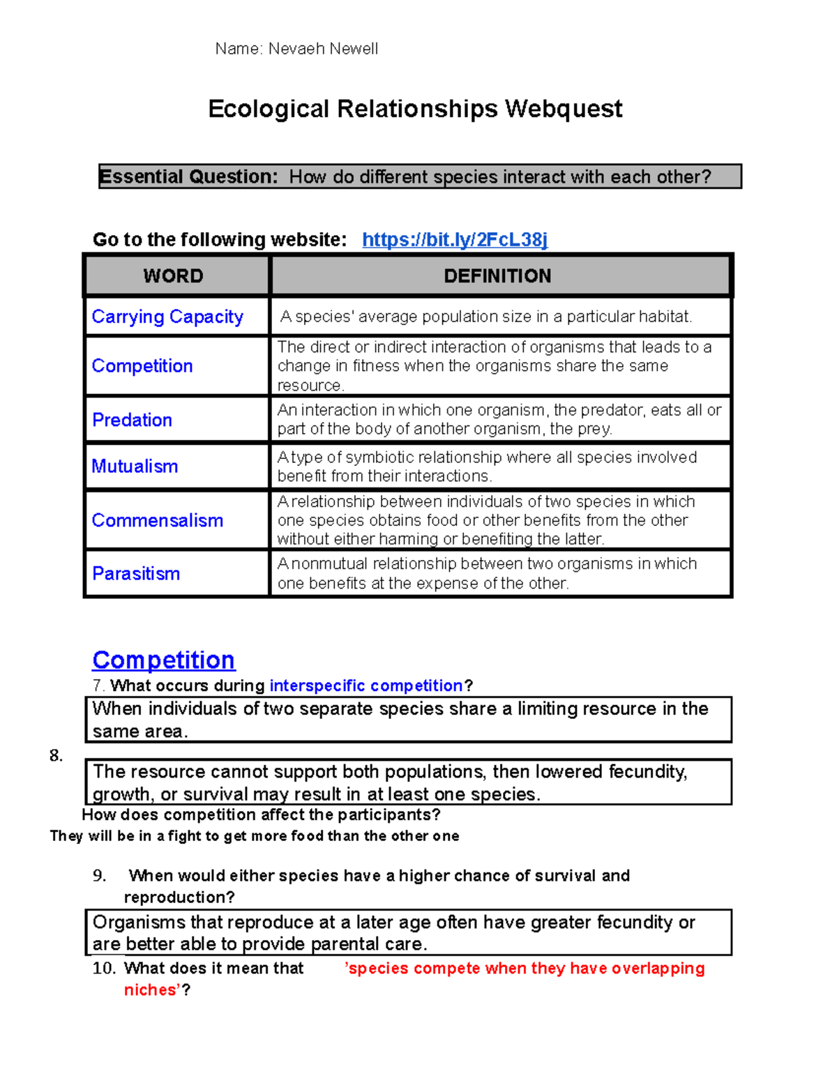 Ecological Relationships Web Quest: Species Interactions Overview - Studocu