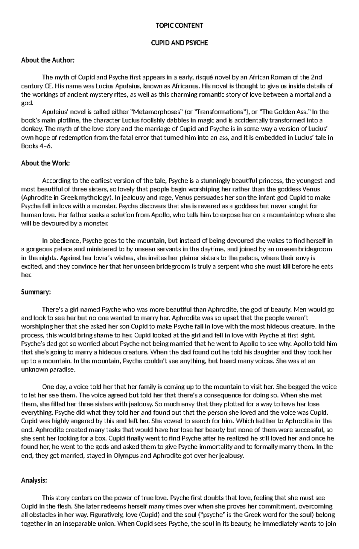 Cupid and Psyche: Myth Analysis and Quiz Notes 071924 - Studocu