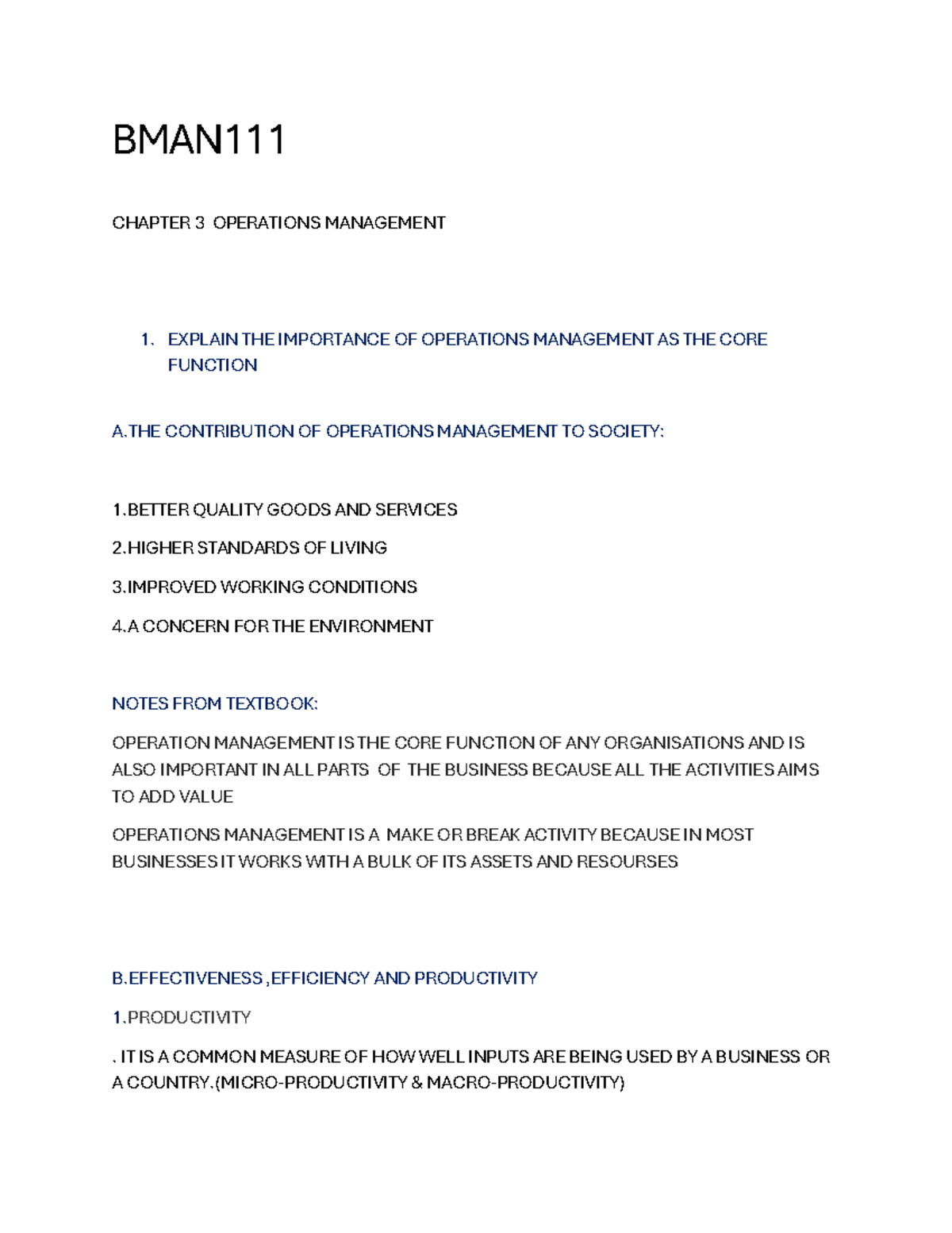BMAN111 Chapter 3: The Importance of Operations Management - Studocu