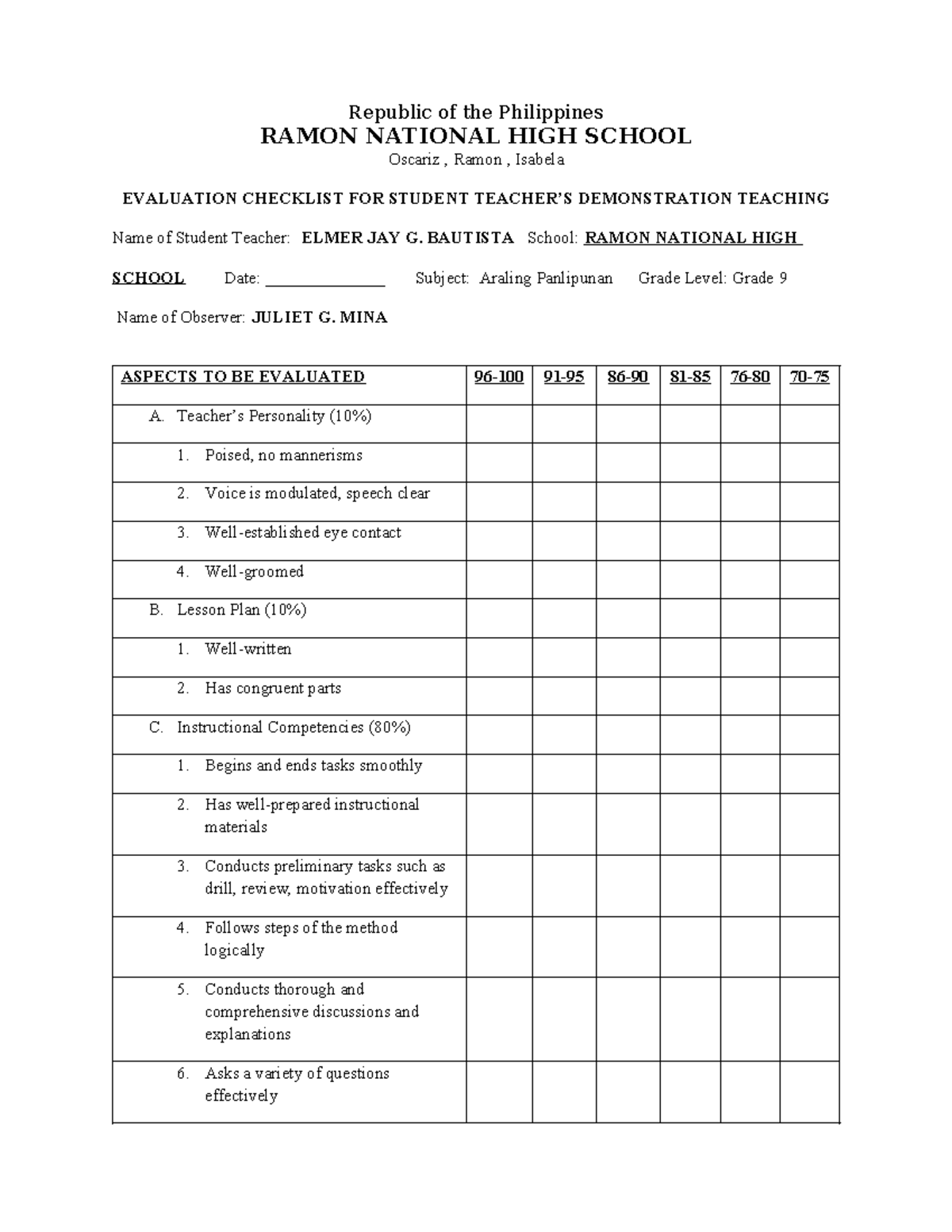 Evaluation Checklist for Demonstration Teaching: G9 Araling Panlipunan ...