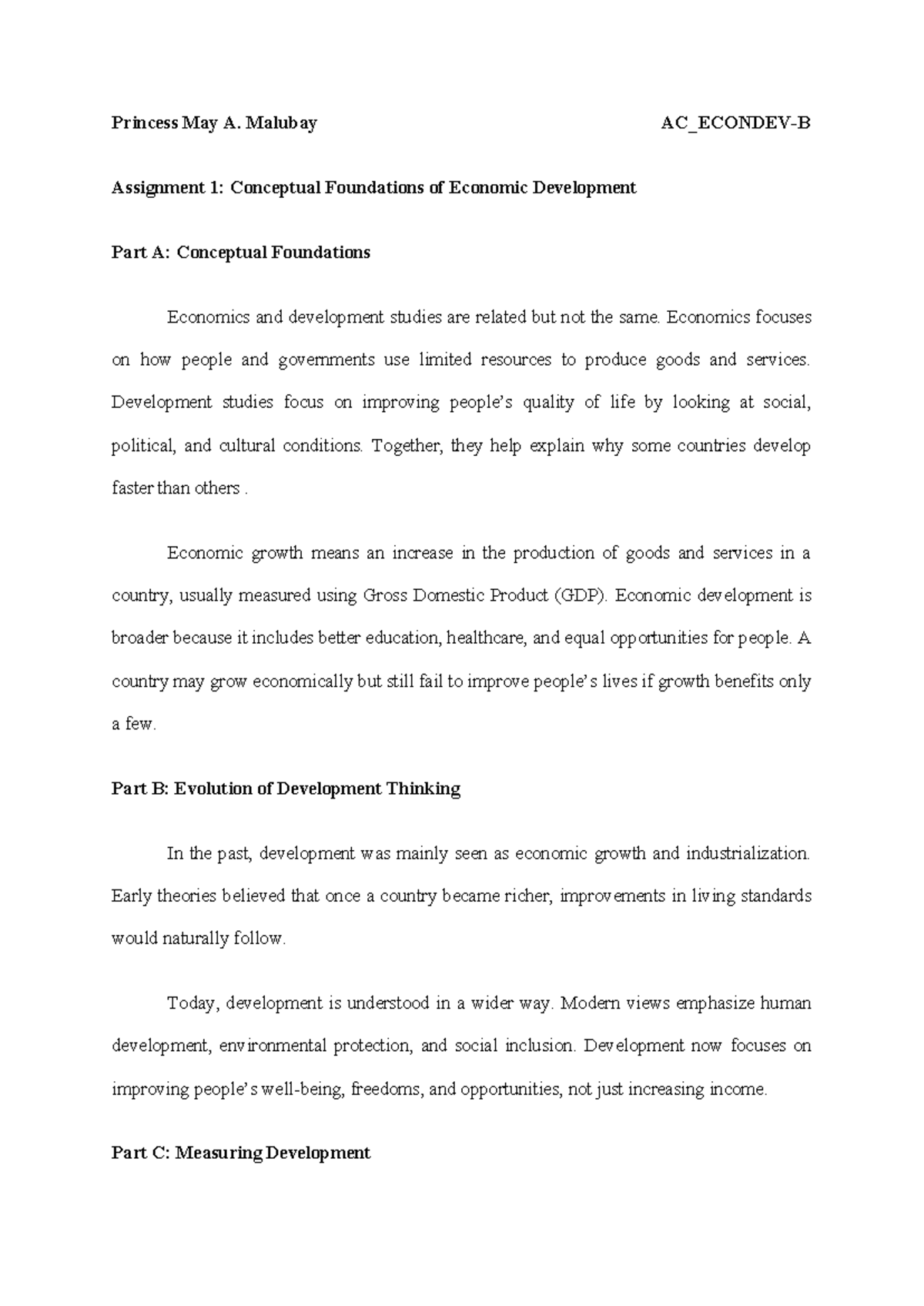 Econdev 101: Conceptual Foundations of Economic Development Assignment ...