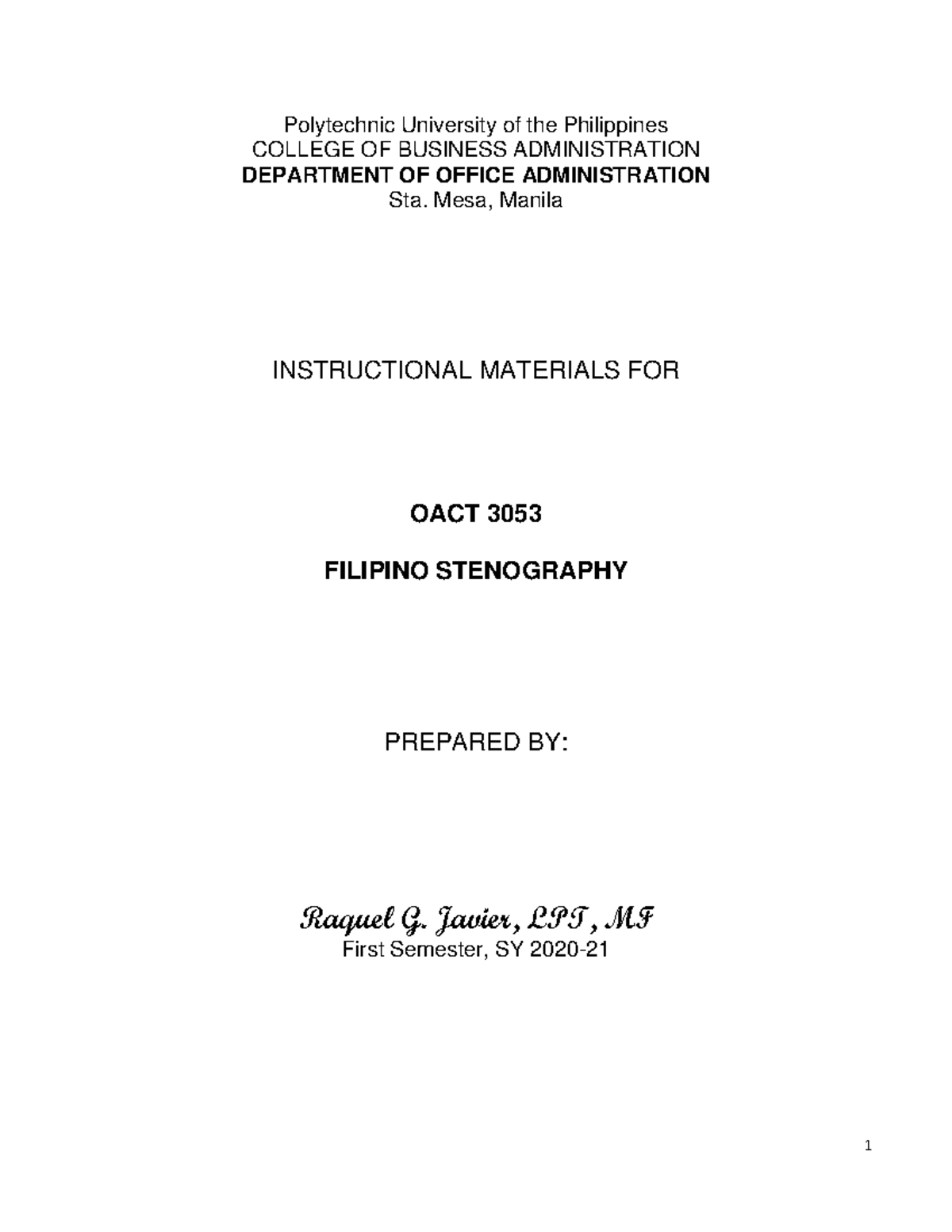 Filipino Stenography OACT 3053: Instructional Materials & Exercises ...