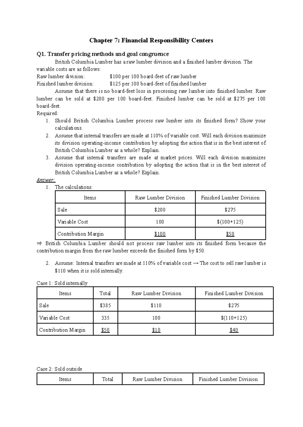 Chapter 7: Financial Responsibility Centers Q1 & Q2 - Transfer Pricing ...