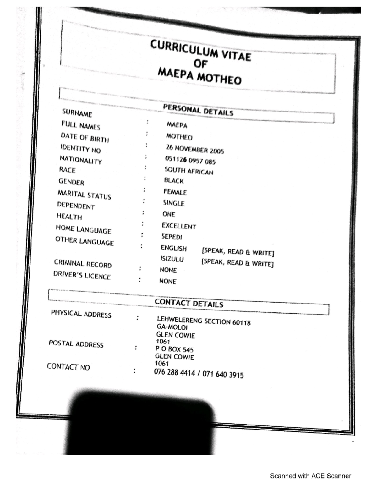 ACE Scanner 2024 01 30 - I wanna get along with the concepts - CURRICULUM VITAE OF MAEPA MOTHEO ...