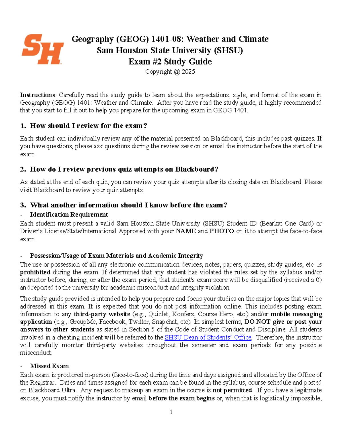 GEOG 1401 Weather and Climate Exam Study Guide - Fall 2025 - Studocu
