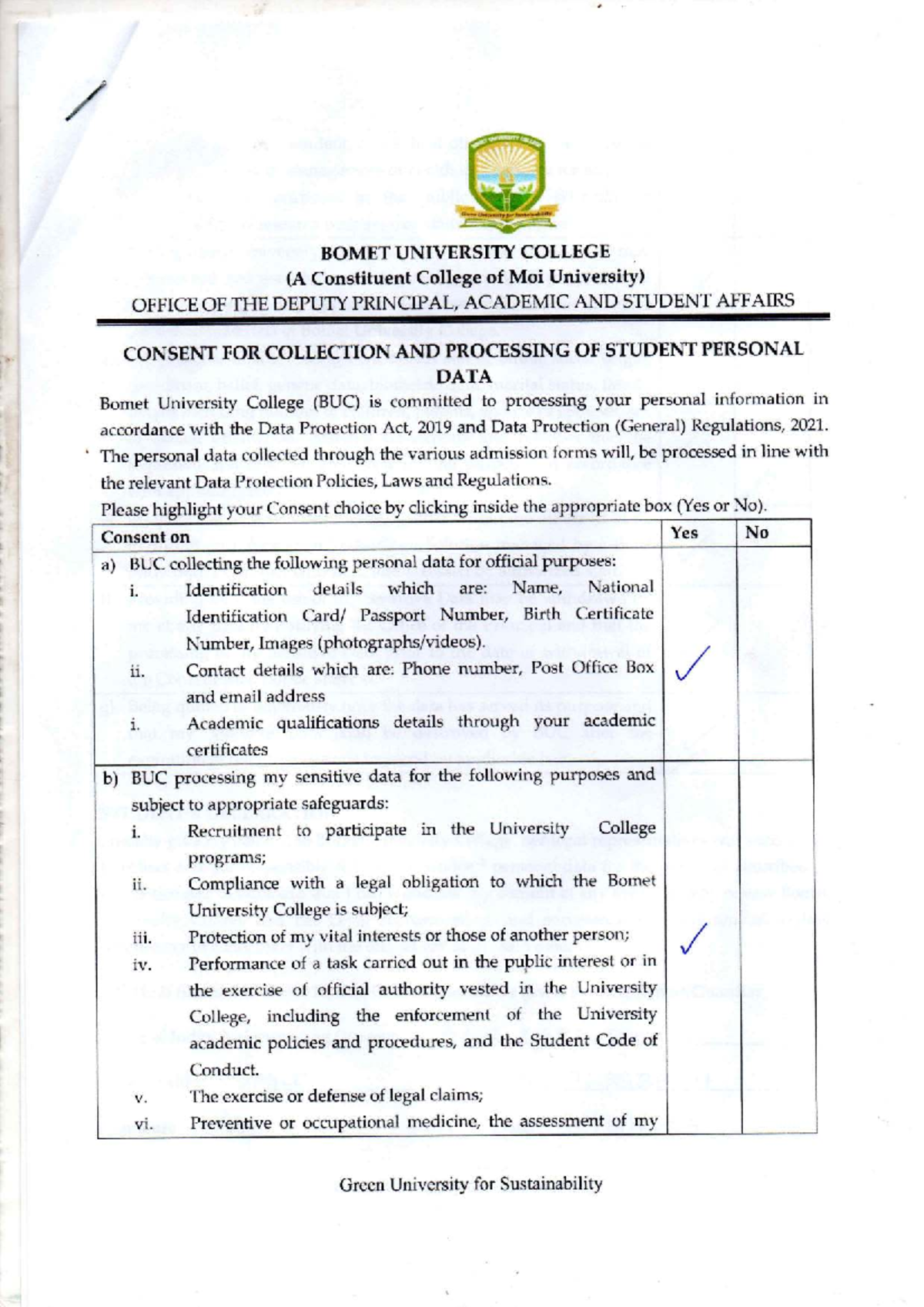 Consent Form for Personal Data Processing at Bomet University College ...