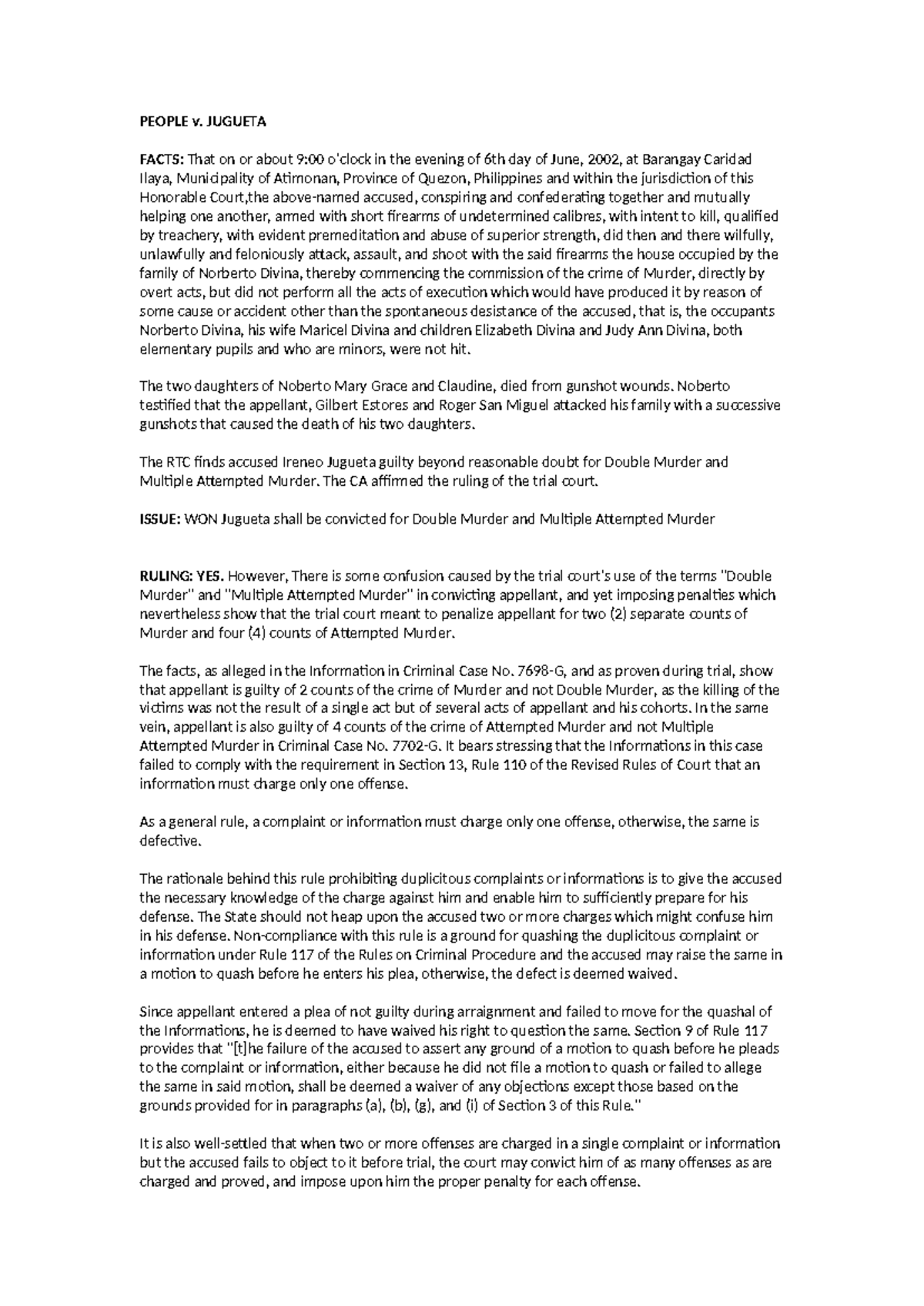 PEOPLE v. JUGUETA: Case Digest on Double Murder & Attempted Murder ...