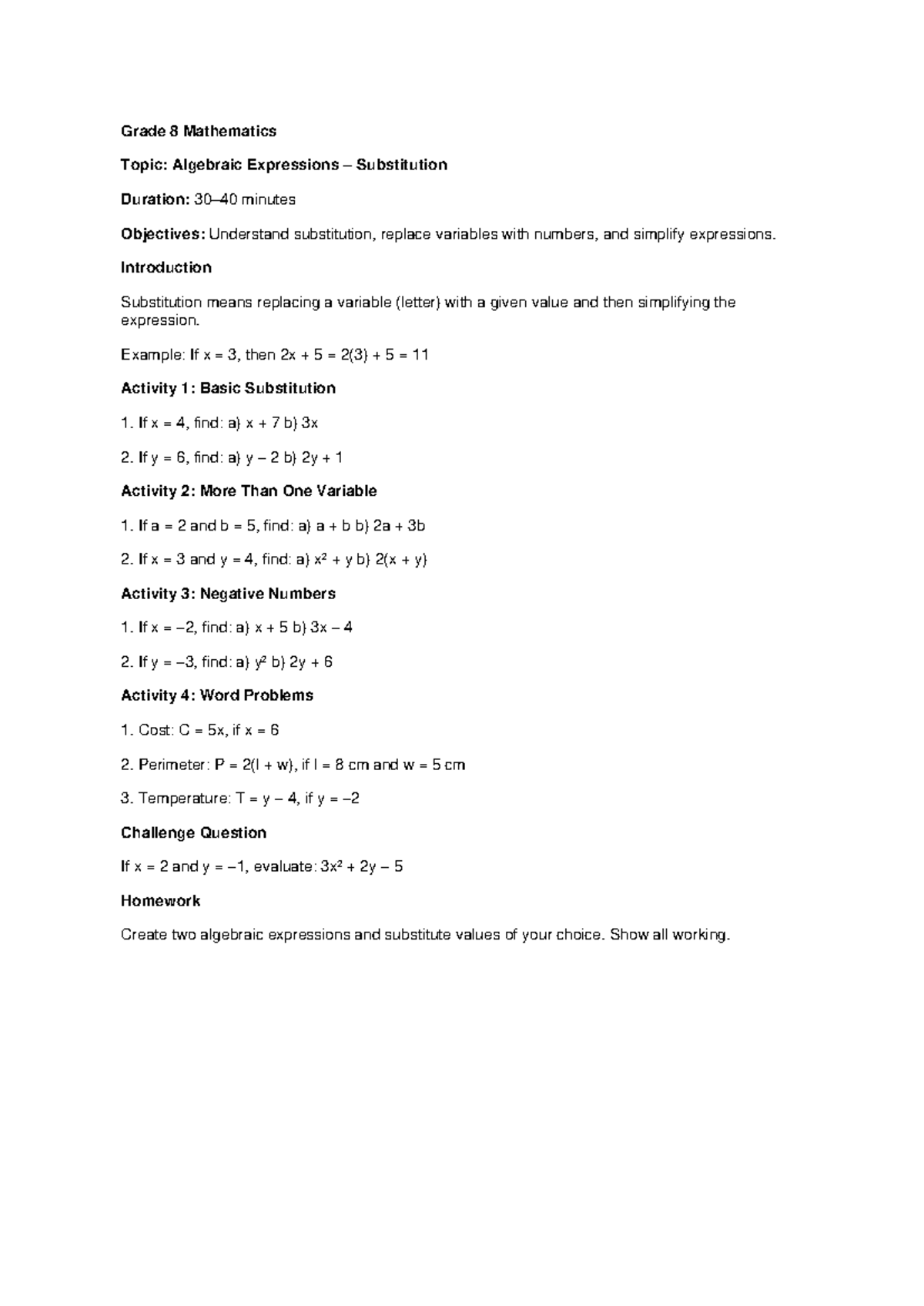 Grade 8 Math: Algebraic Expressions & Substitution Activity - Studocu