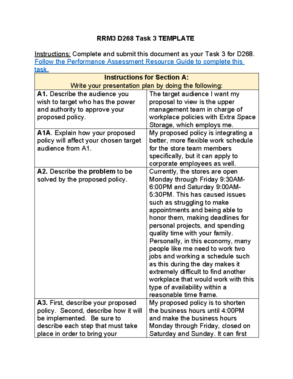 D268 Task 3 Proposal - Flexible Work Schedule Policy Assignment - Studocu