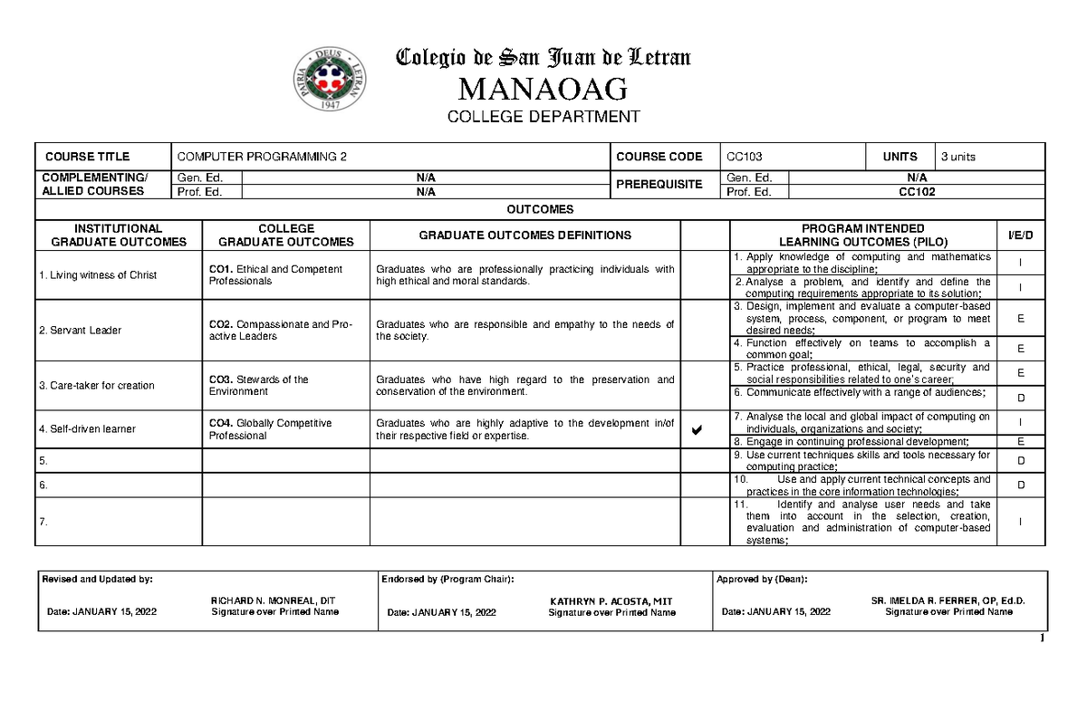 CC 103 Computer Programming 2 Syllabus & Course Details - 2022 - Studocu