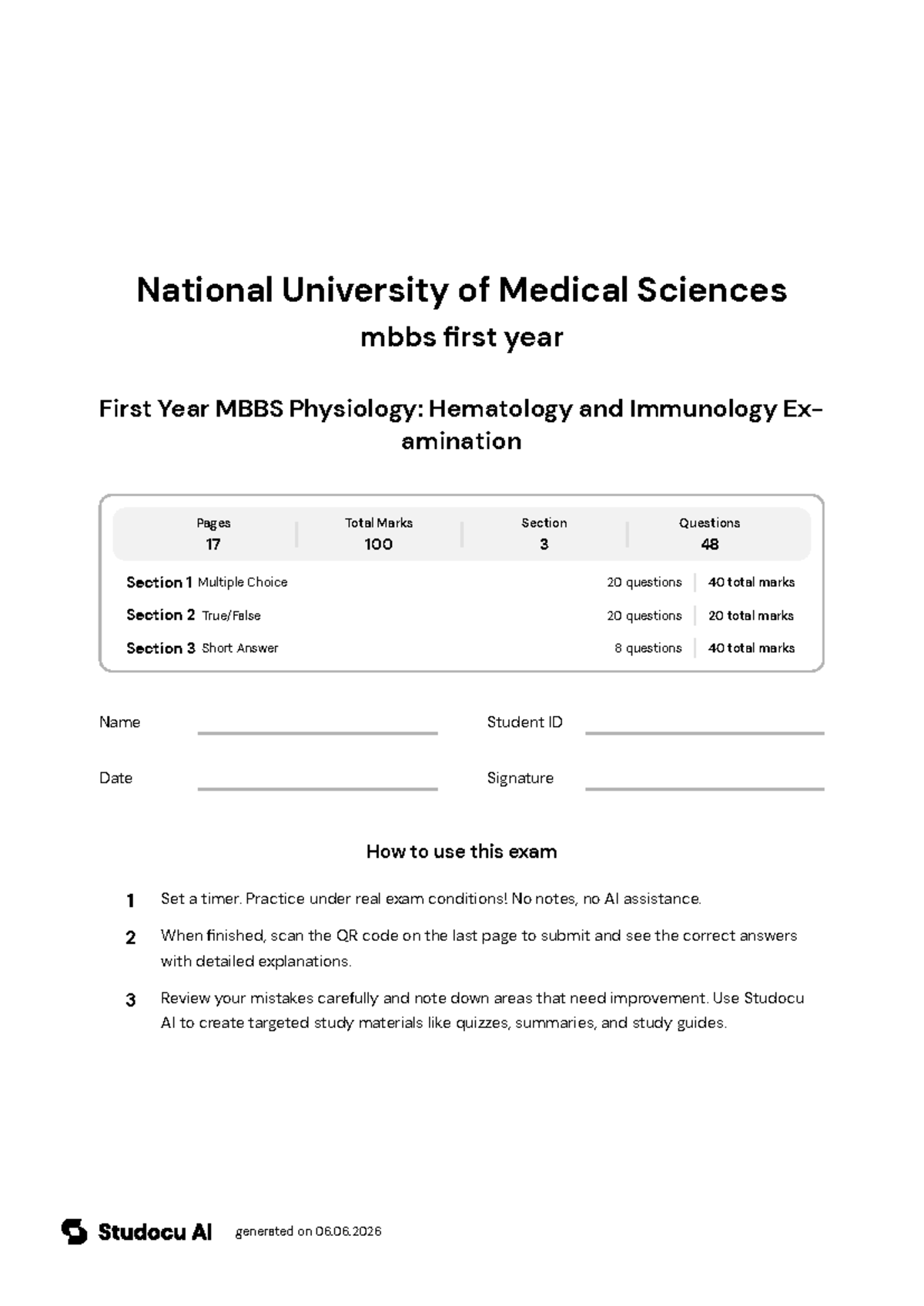 MBBS First Year Physiology: Hematology & Immunology Exam - Studocu