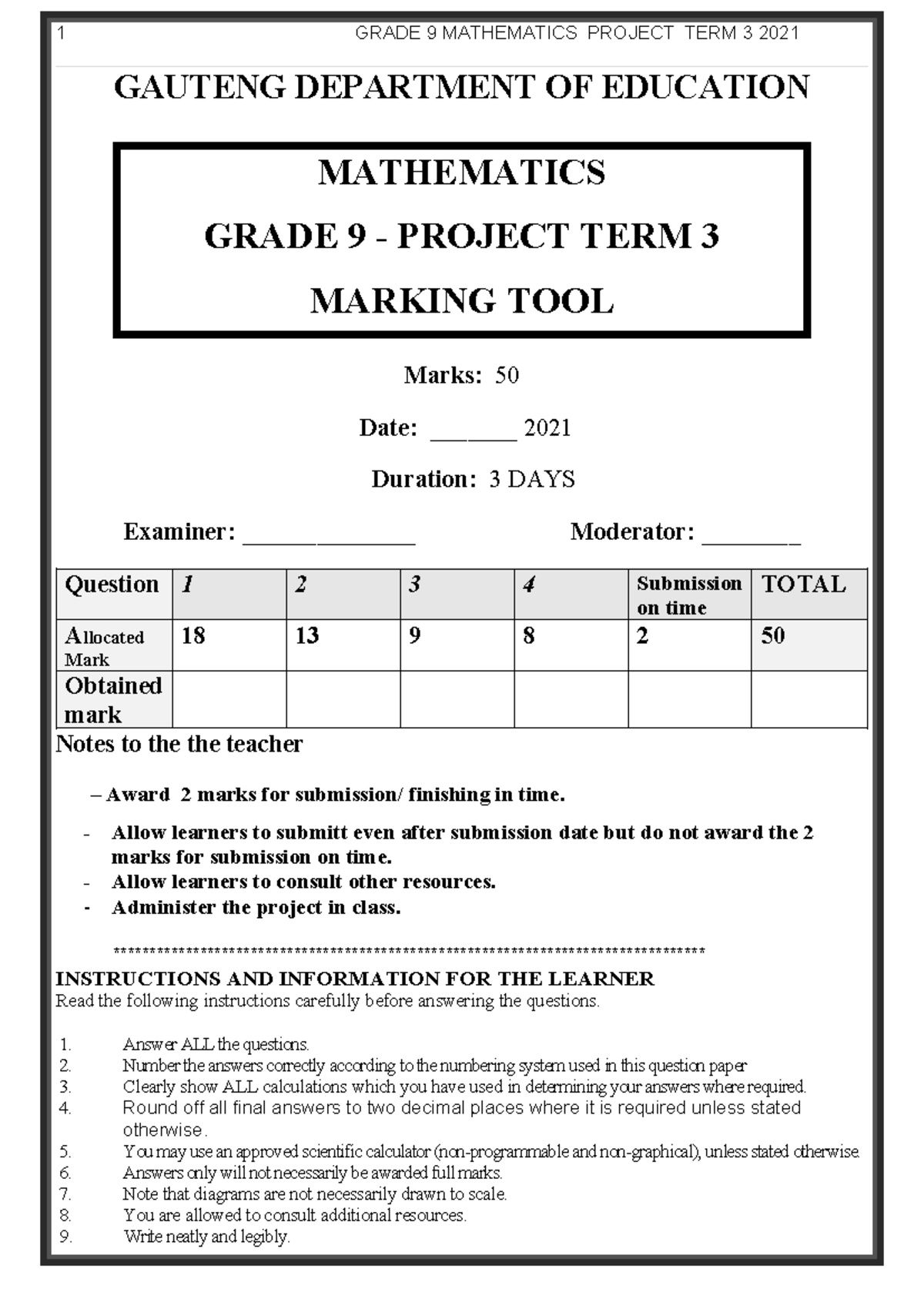 Grade 9 Mathematics Project TERM 3 Marking Tool - Studocu