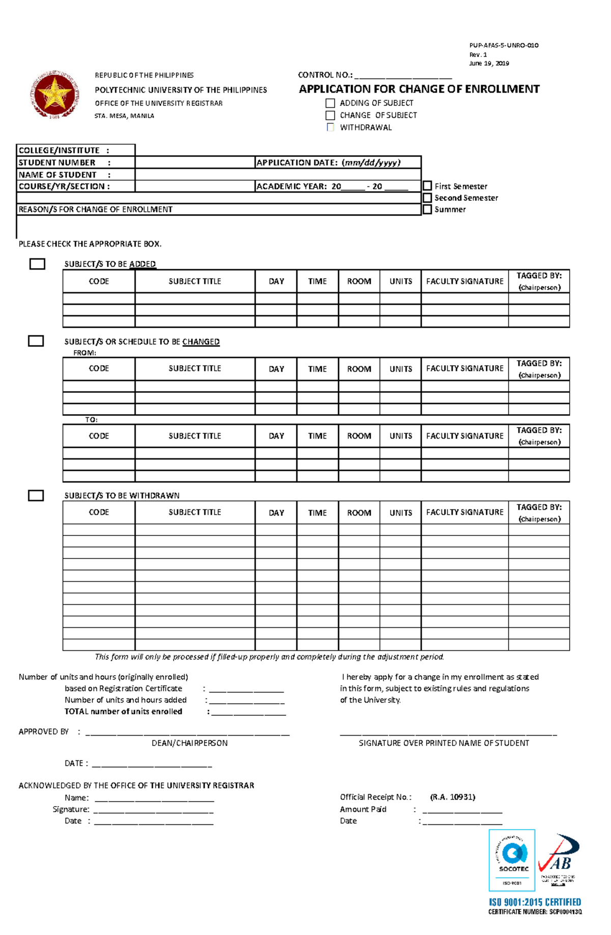 PUP-ACE Enrollment Change Application Form - Updated 2019 - Studocu