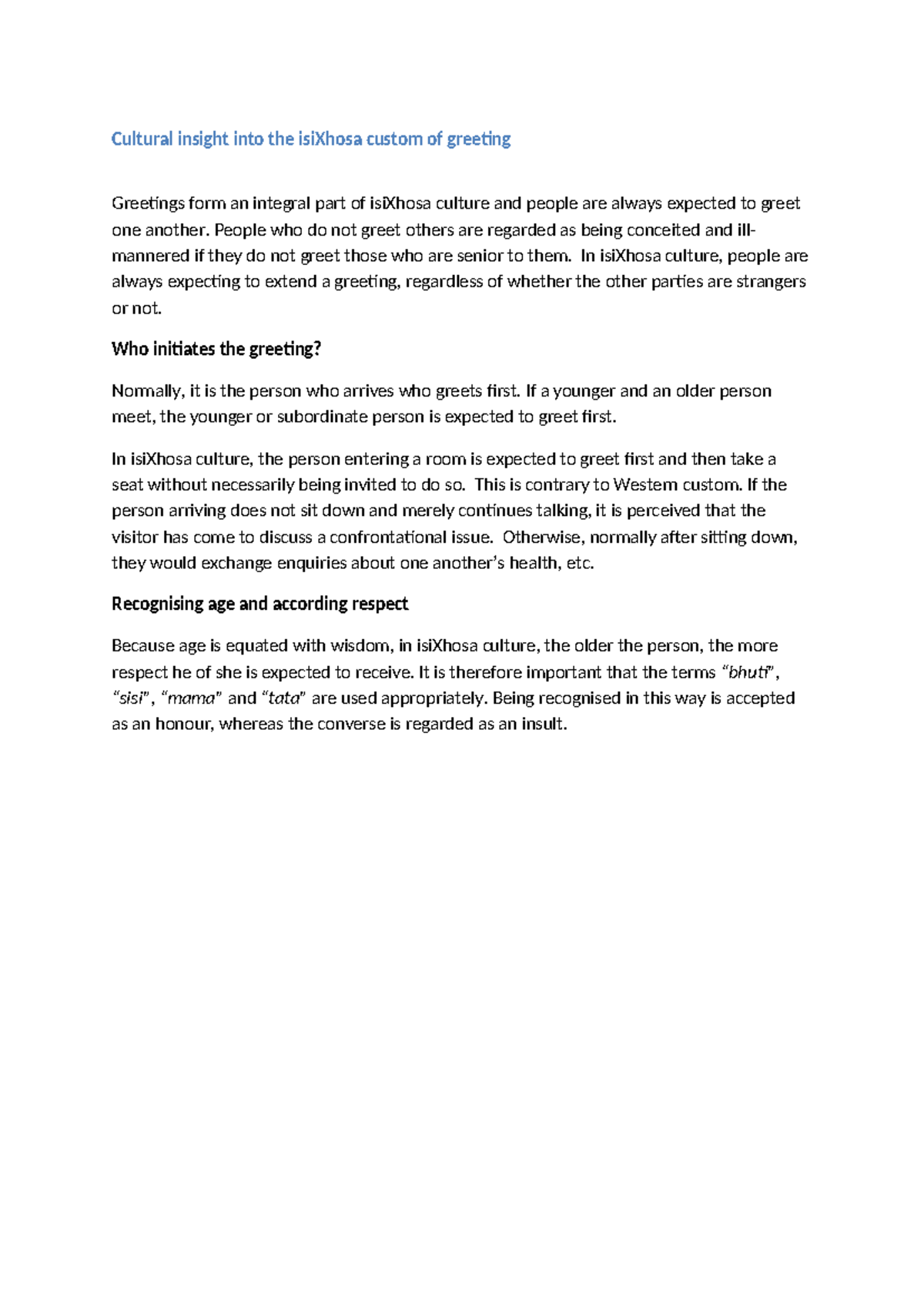 Cultural Insights: Greeting Customs in Isi Xhosa Society - Studocu