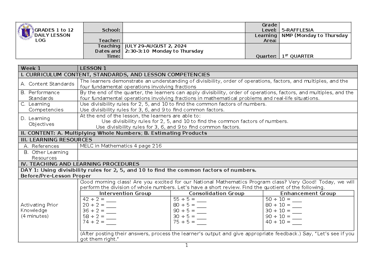 Grade 5 NMP 1st Quarter Week 1 Daily Lesson Plan on Divisibility Rules ...