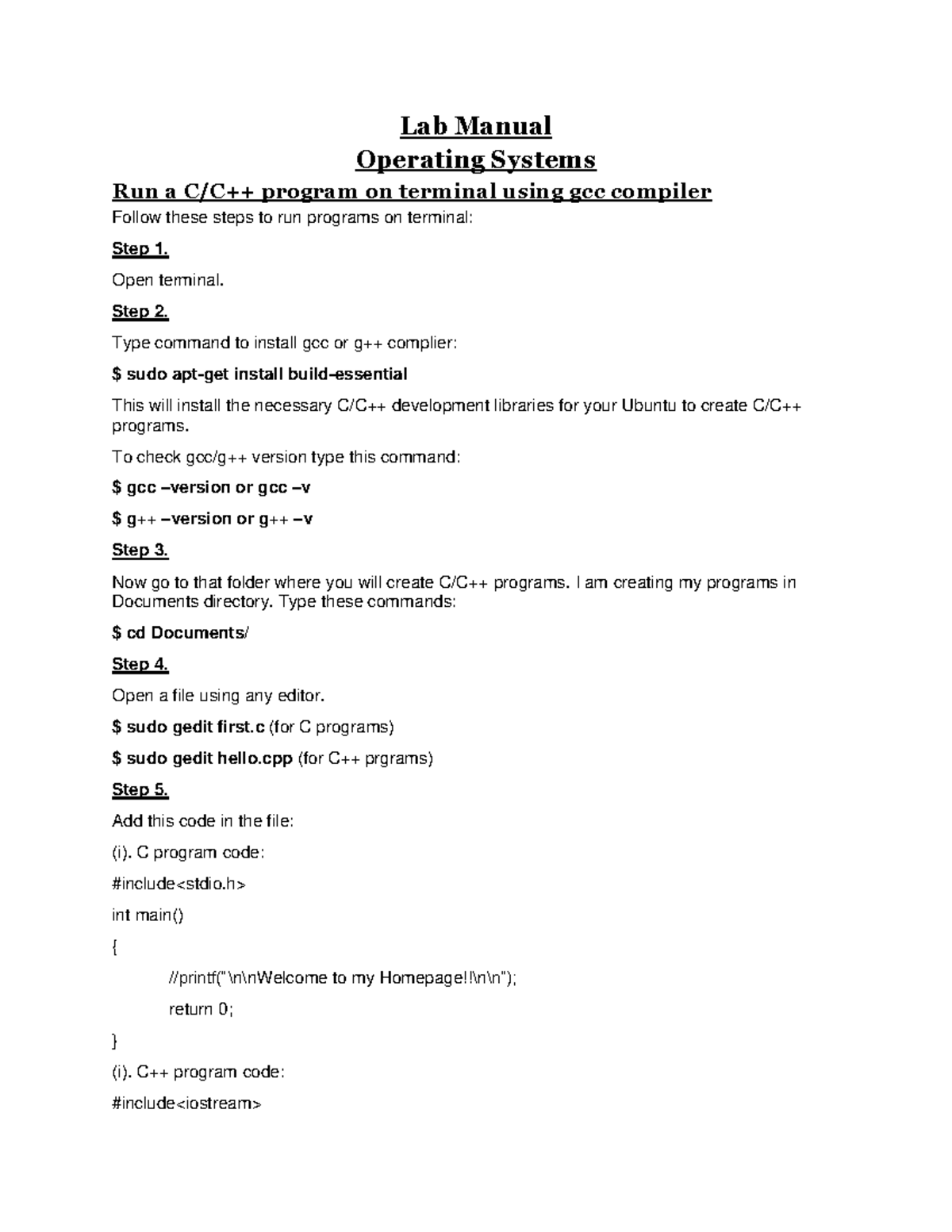 Lab Manual 04 - ABC - Lab Manual Operating Systems Run a C/C++ program ...