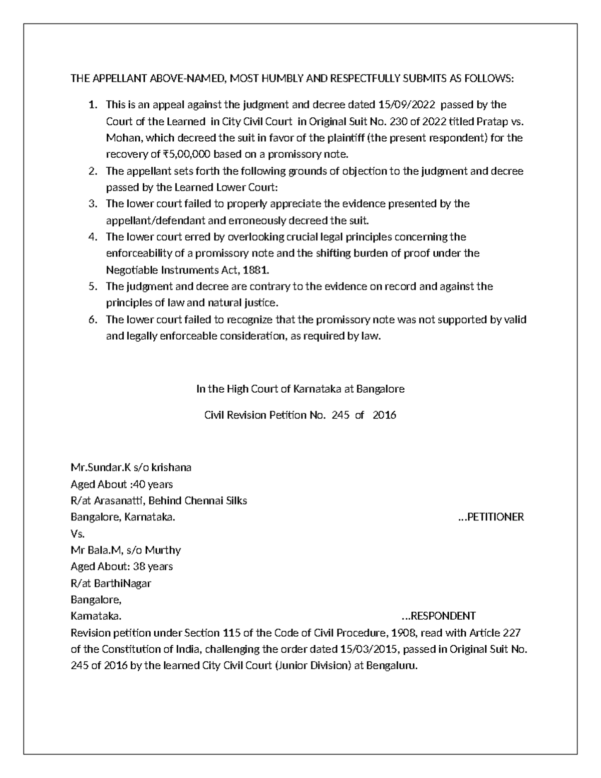 Civil Appeal No. 330 of 2023: Grounds for Challenging Judgment - Studocu