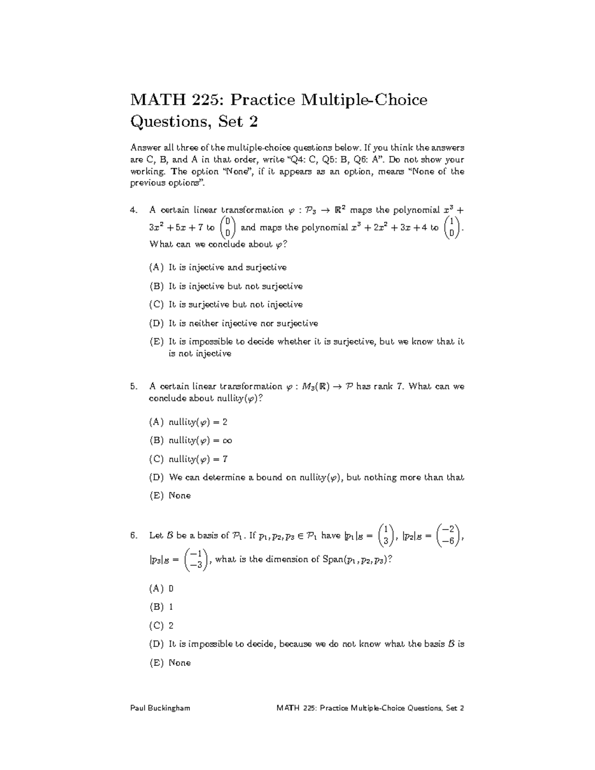 Practice multiple choice Set 2 - MATH 225: Practice Multiple-Choice ...