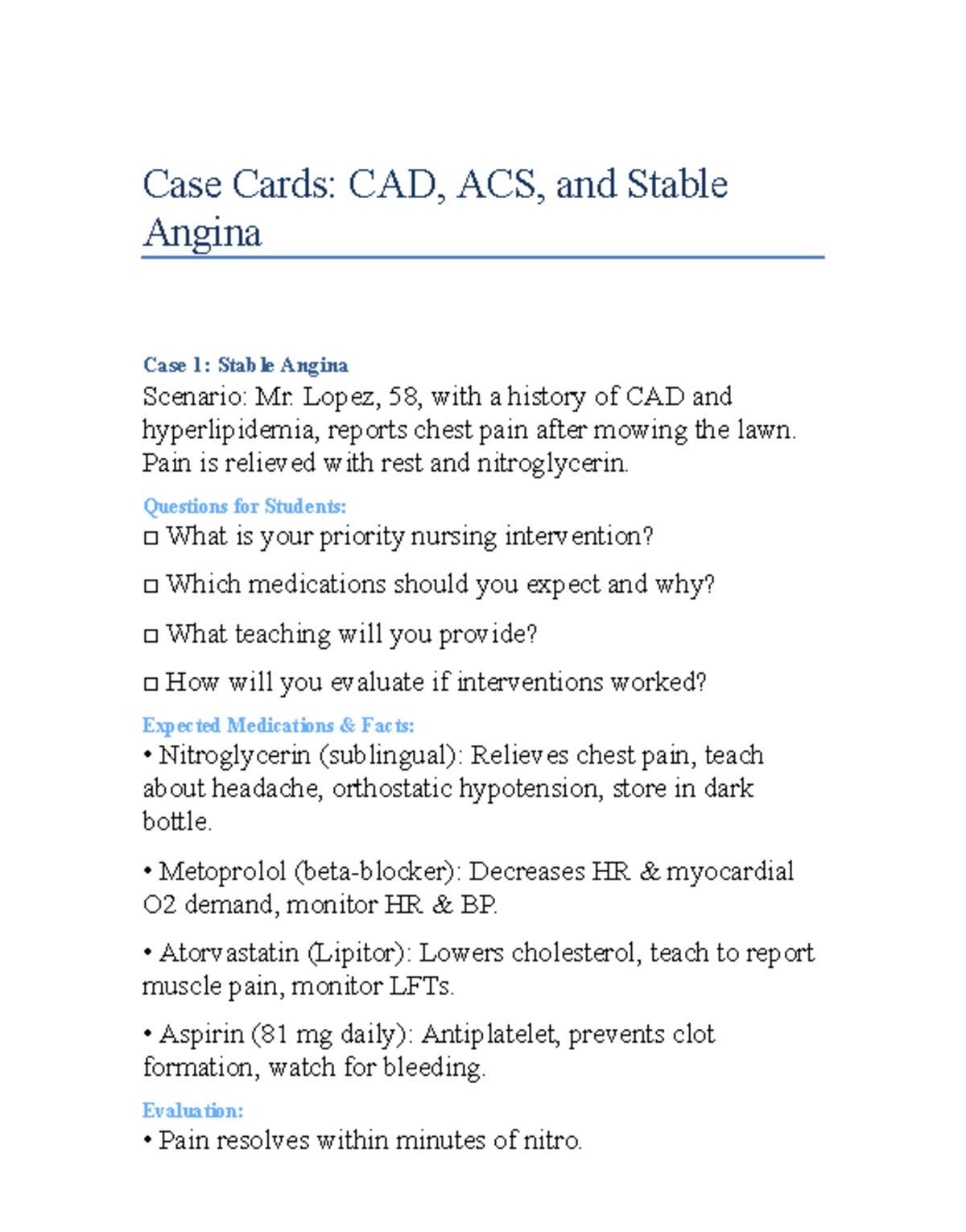 CAD & ACS Case Cards: Stable & Unstable Angina Scenarios - Studocu