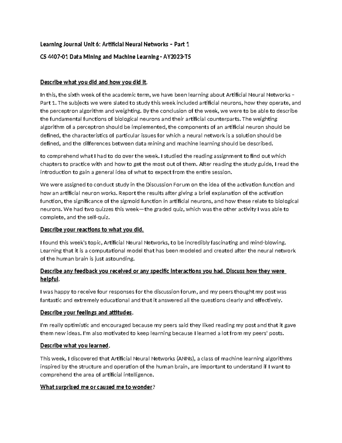 Learning Journal Unit 6: Exploring Artificial Neural Networks CS Data Mining & - Studocu