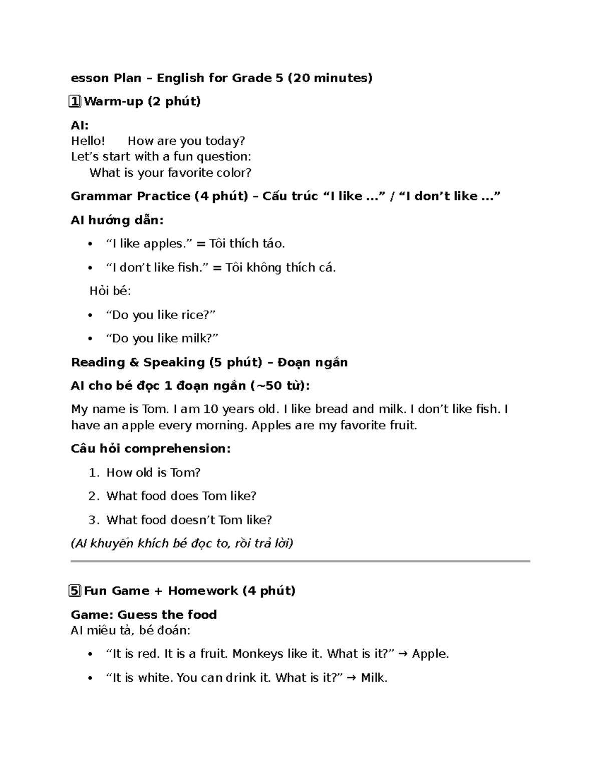 Lesson Plan – English for Grade 5 (20 min) - Studocu