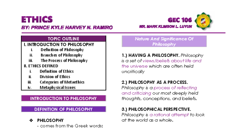 Ethics Overview - Prelims - PHIL 101 - First SEM - Studocu