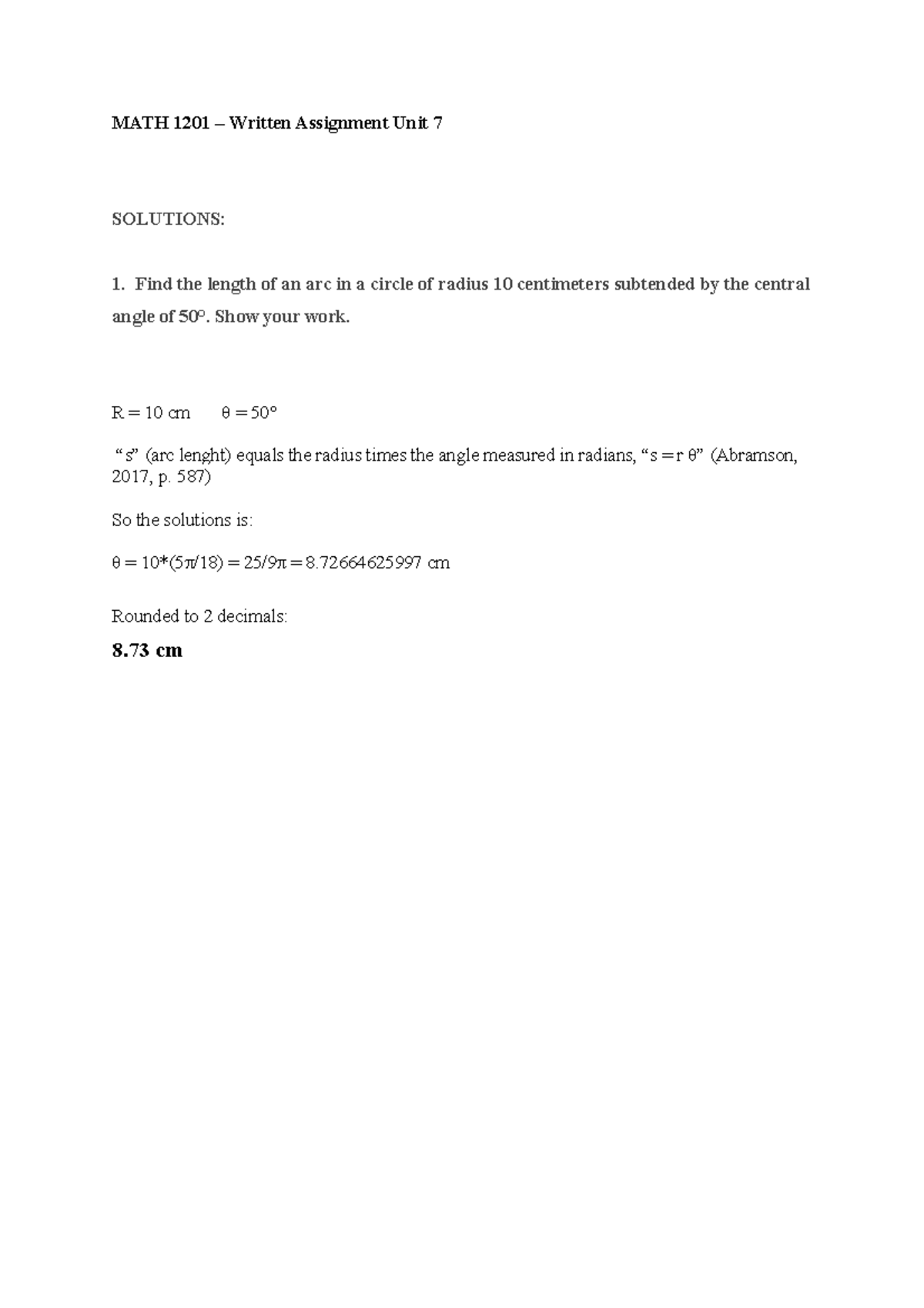 Written Assignment UNIT 7 - MATH 1201 - MATH 1201 – Written Assignment Unit 7 SOLUTIONS: Find ...