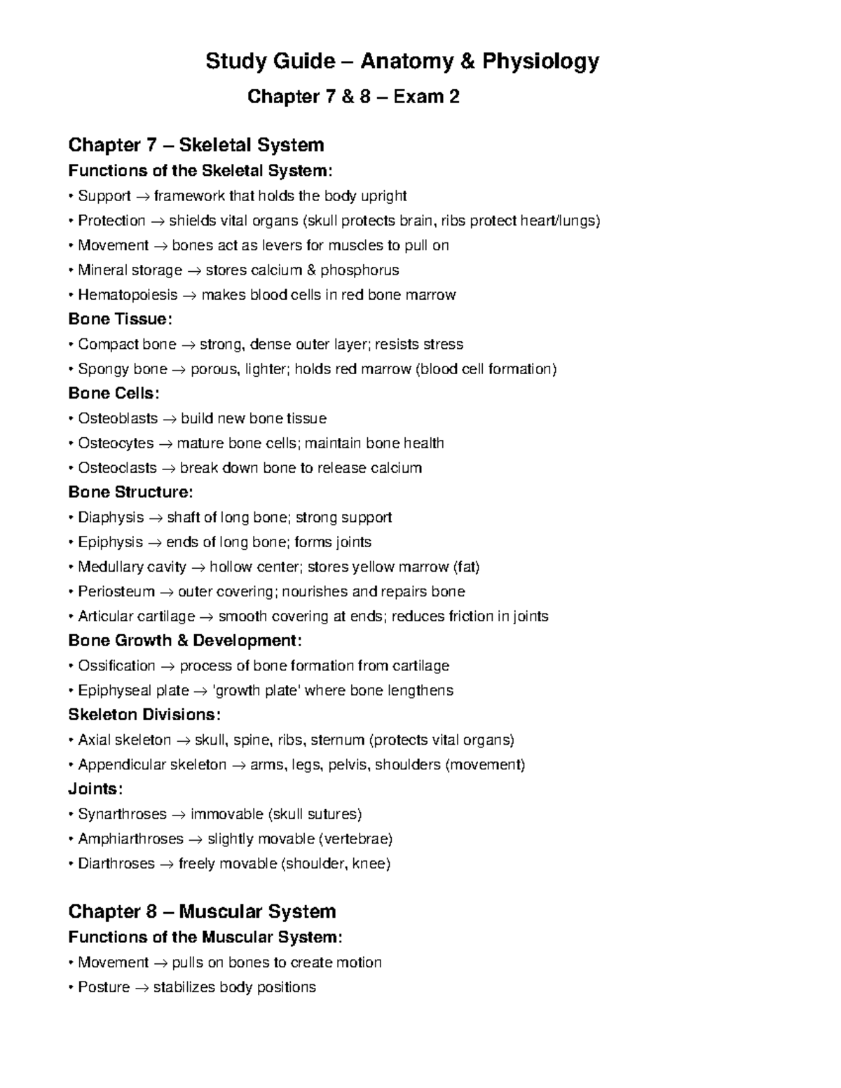 Study Guide: Anatomy & Physiology Ch. 7-8 Exam 2 Overview - Studocu