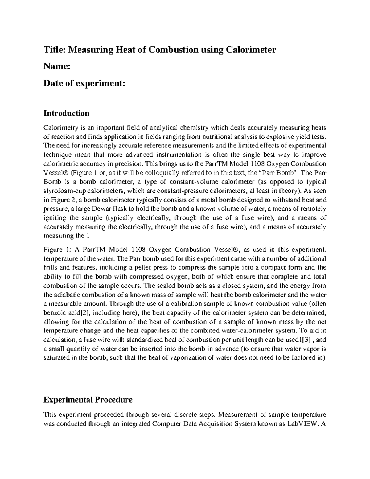 General Chemistry II-Sample Lab Report-1 - Title: Measuring Heat of ...