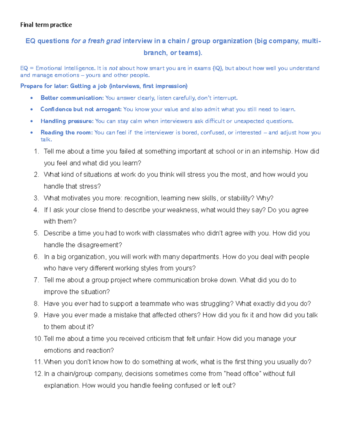 Final Exam EQ Interview Prep Questions for Fresh Grads (PR 1 2024-2025 ...