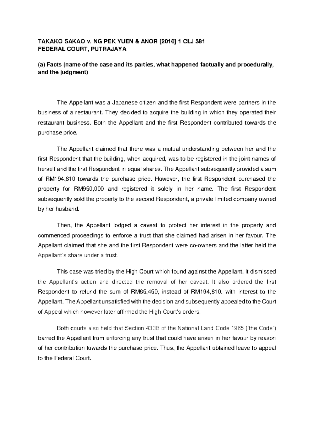 CASE Commentary - Takako Sakao v NG PEK YUEN & ANOR [2010] 1 CLJ 381 ...
