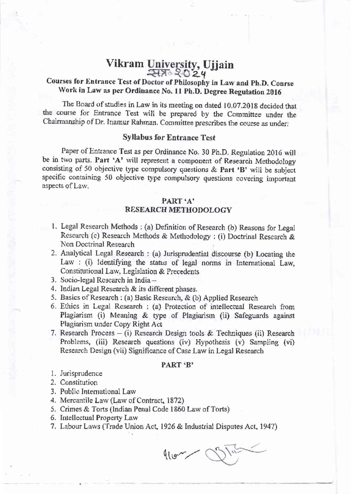 Syllabus for Ph.D. Entrance Test & Course Work in Law (VU 214) - Studocu