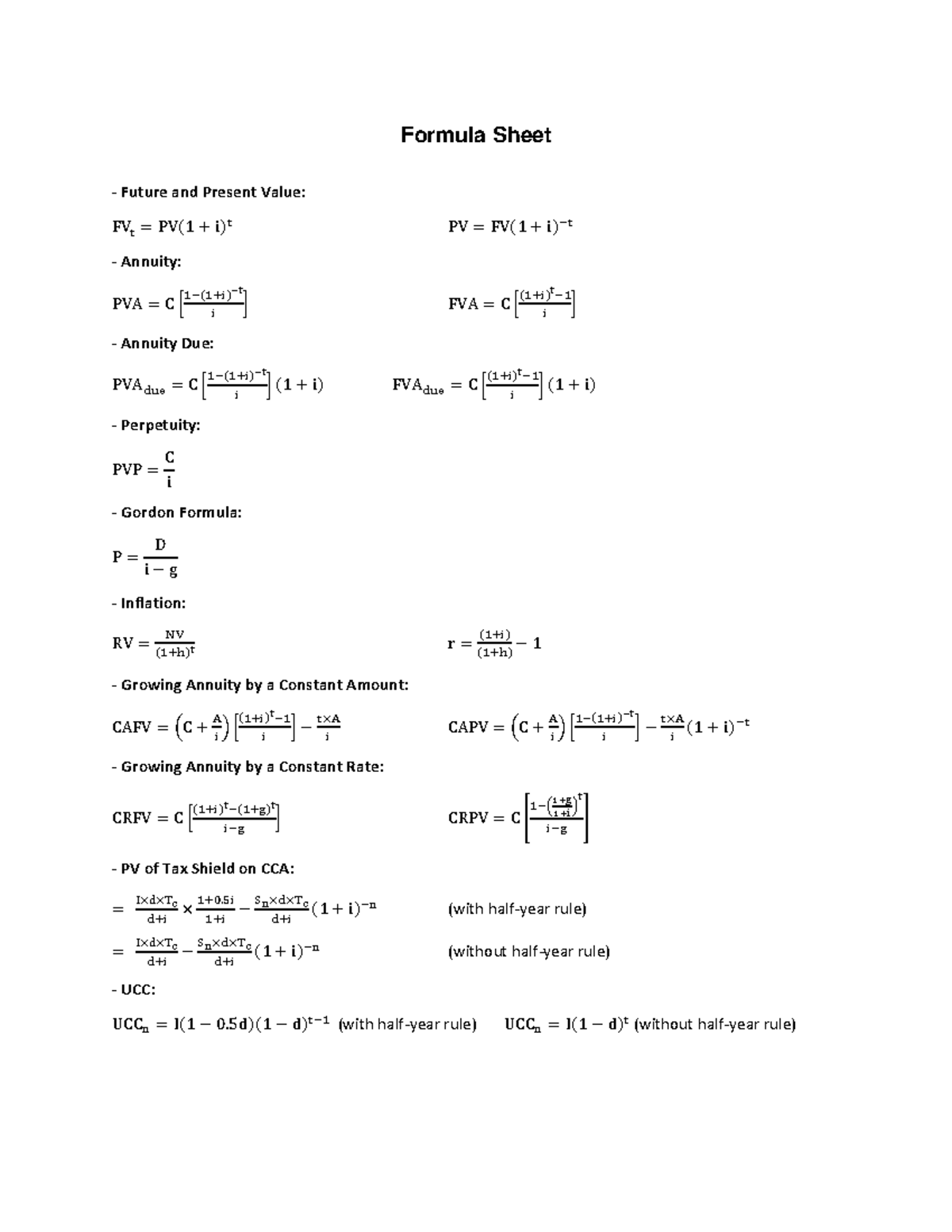 Formula Sheet: Future and Present Value Concepts for Finance - Studocu