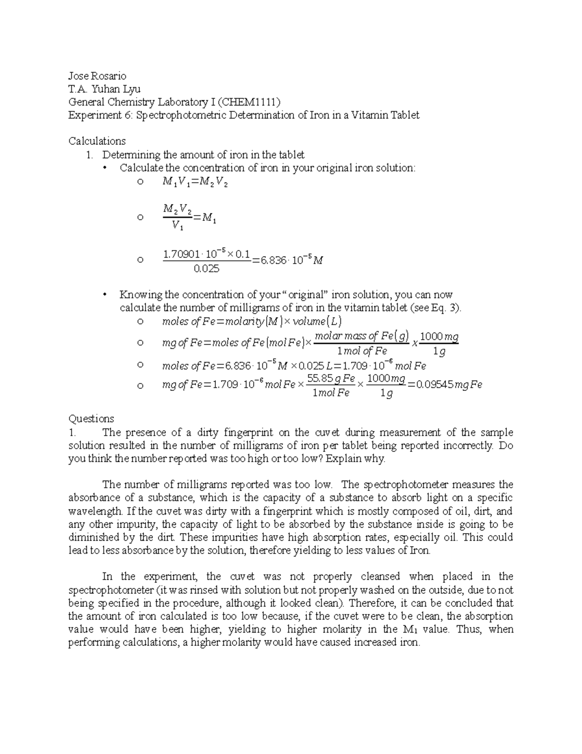 CHEM1111: Post Lab 6 - Spectrophotometric Iron Analysis Notes - Studocu