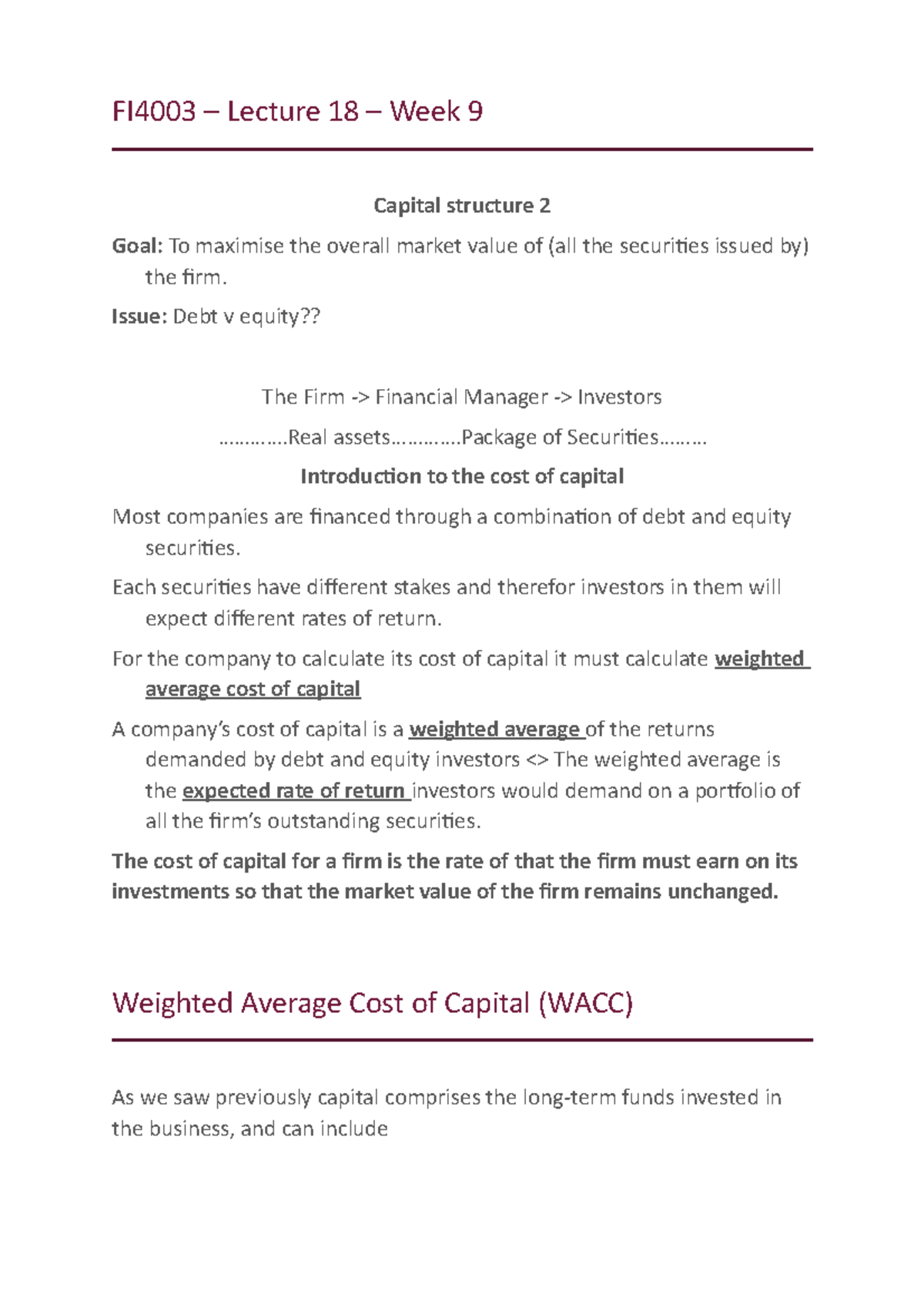 FI4003 - Lecture 18 - Week 9 - FI4003 – Lecture 18 – Week 9 Capital ...