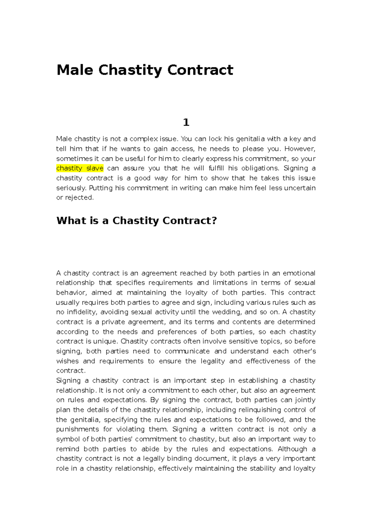 Male Chastity Contract Overview - Enhancing Relationship Dynamics - Studocu