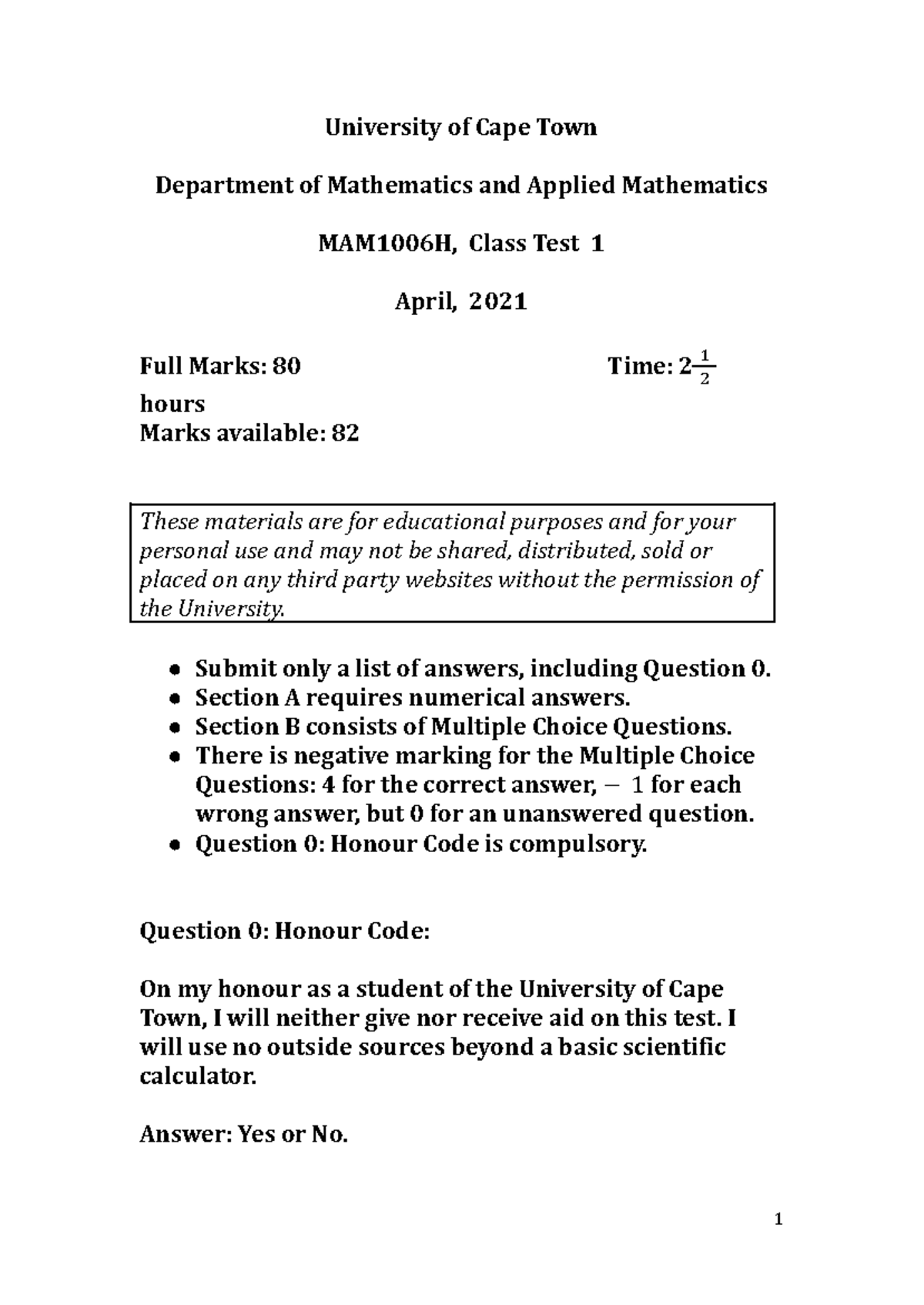 MAM1006H Class Test 1 - Comprehensive Study Notes - Studocu