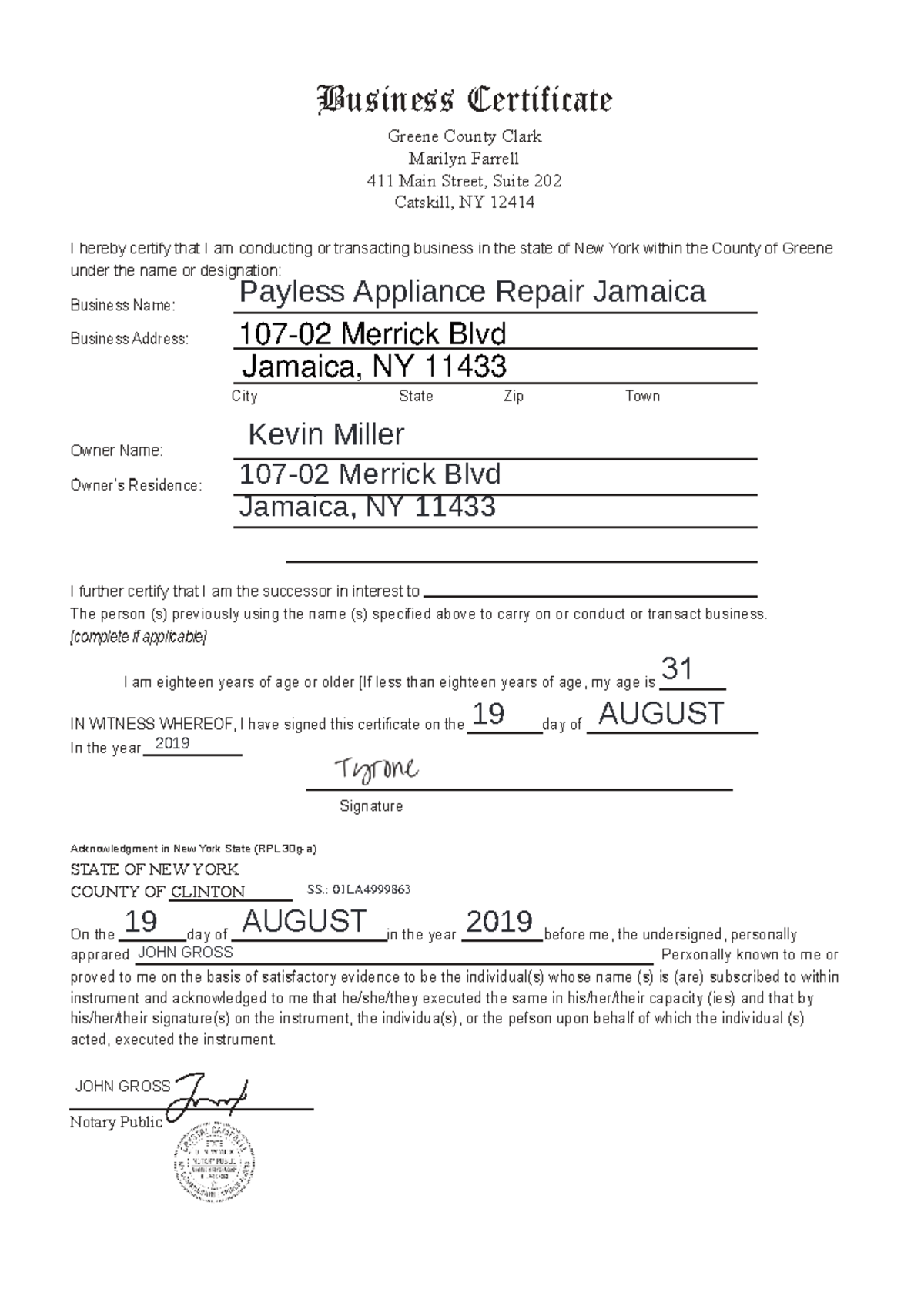 Business Certificate for Payless Appliance Repair in Greene County ...