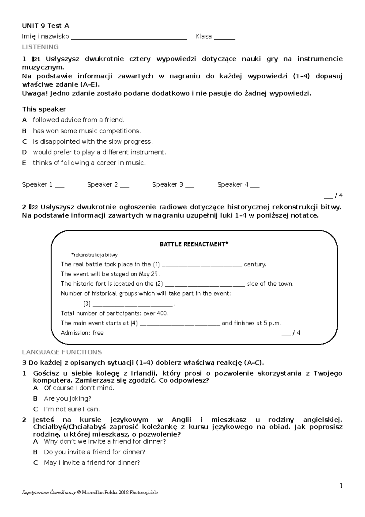 UNIT 9A Listening & Language Functions Test - Studocu
