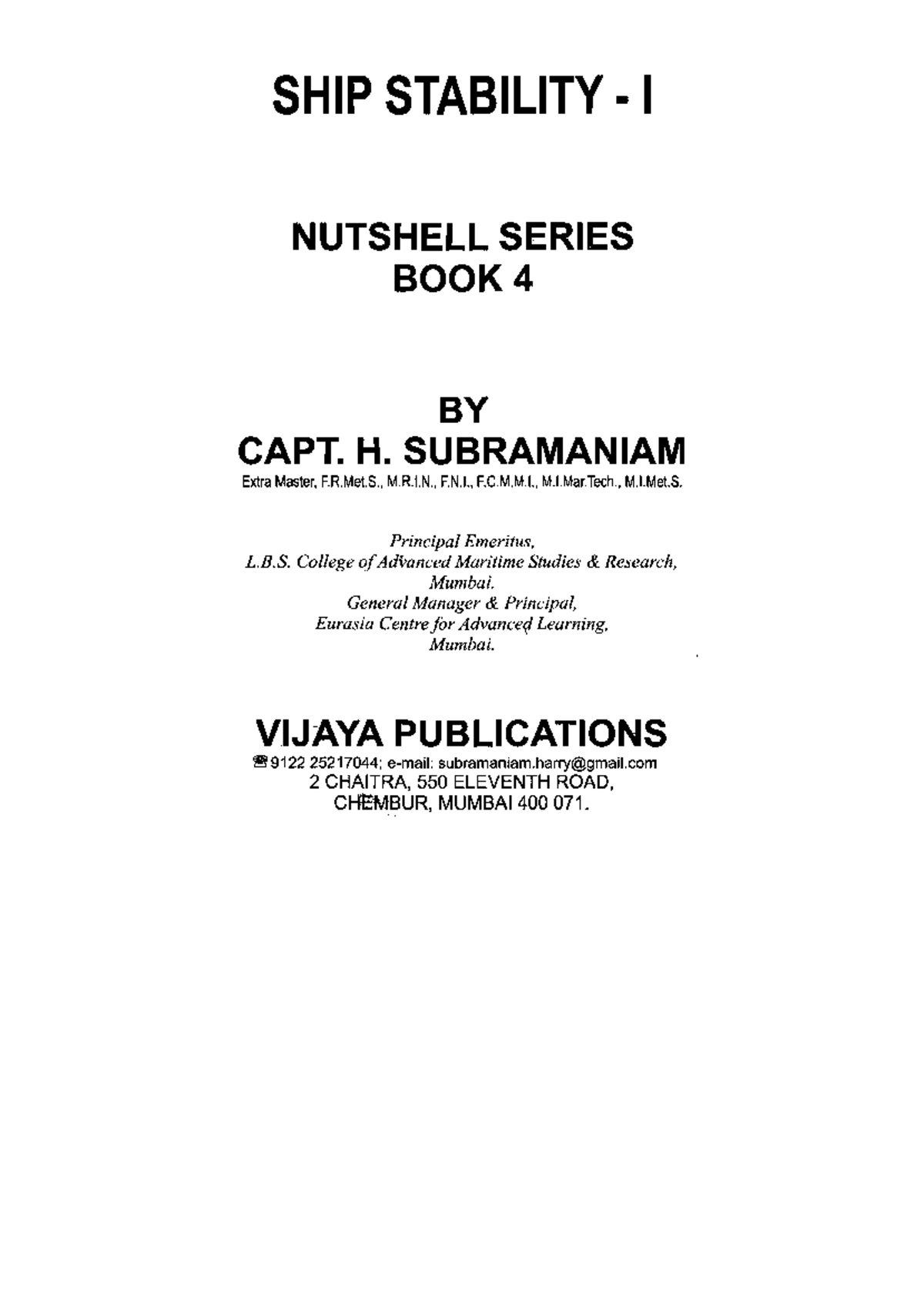 Ship Stability I - Book by Capt. H. Subramaniam - Studocu