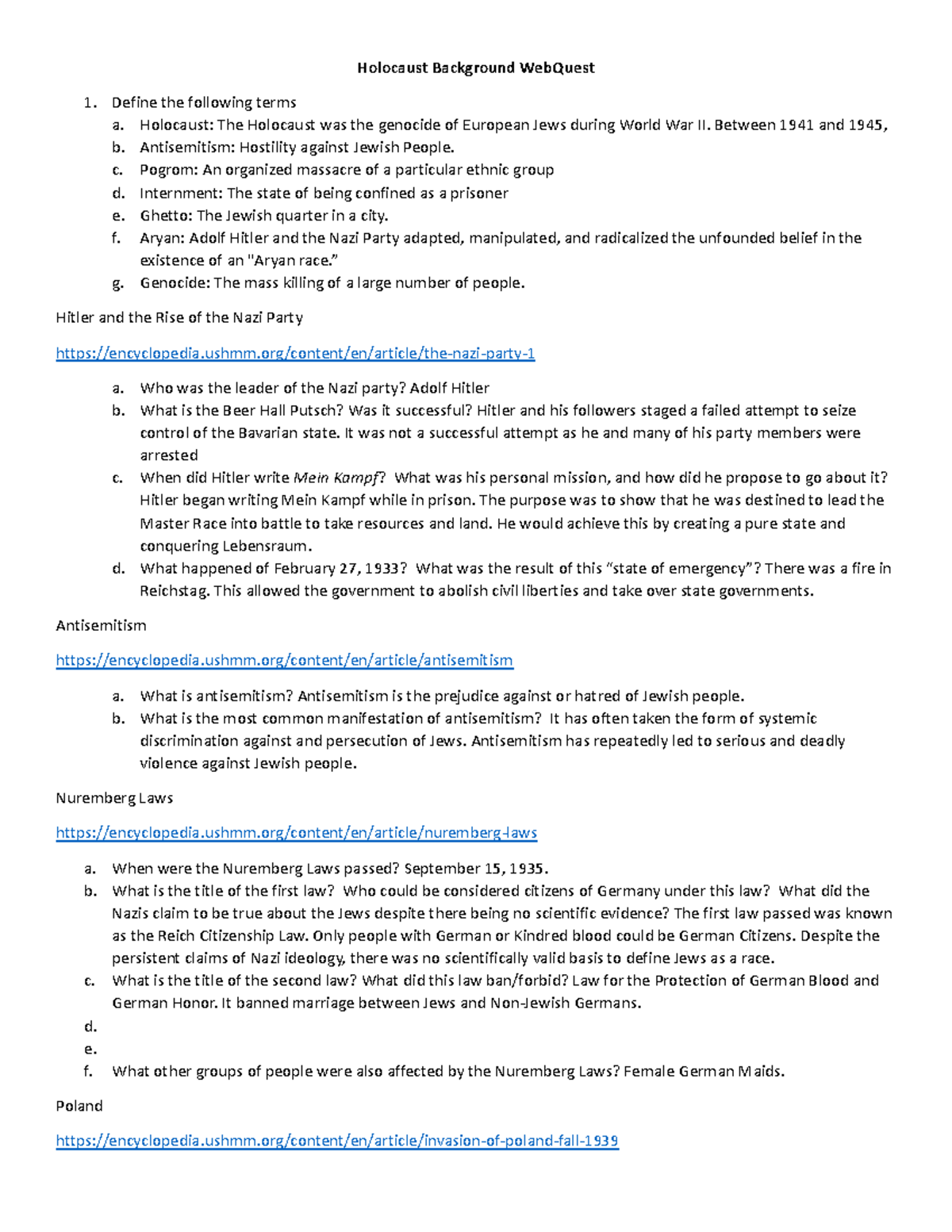 Holocaust Background WebQuest: Key Terms and Events Analysis - Studocu