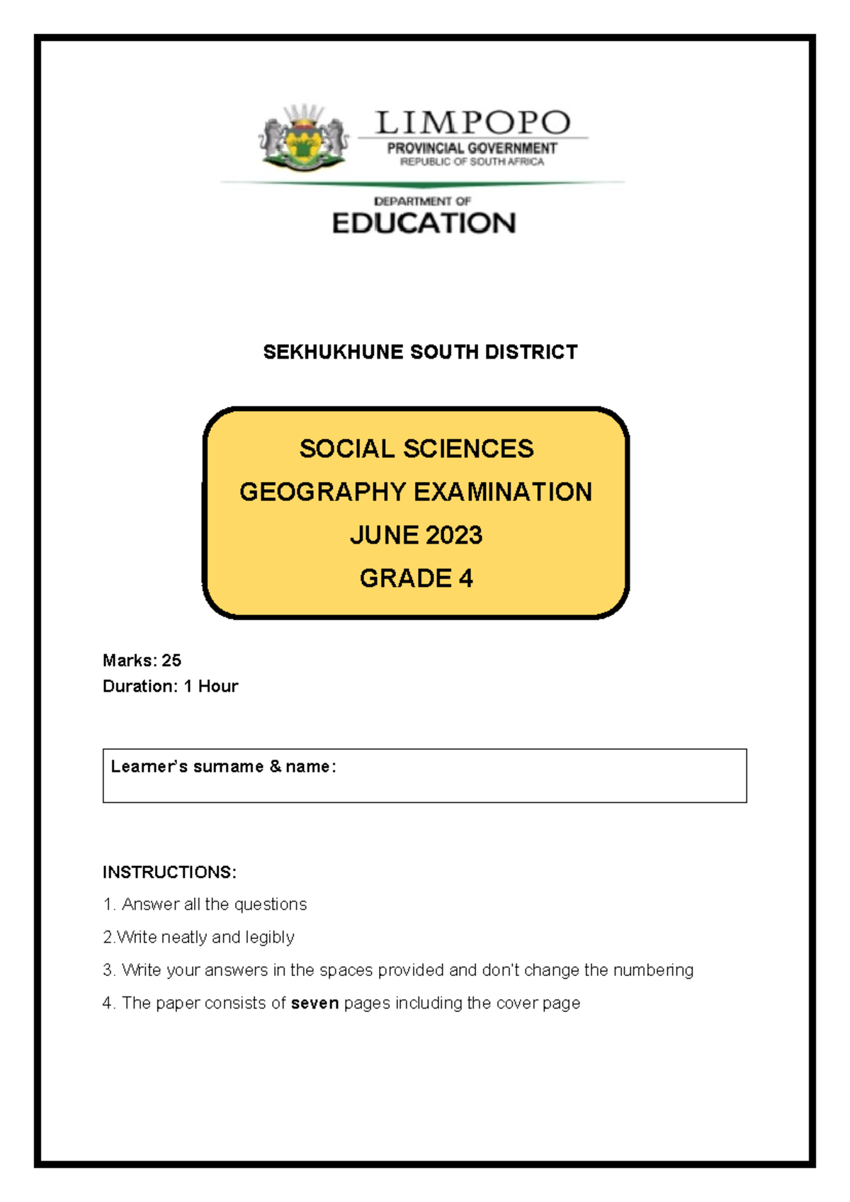 Grade 4 Geography Exam - Question Paper 1 - June 2023 - Studocu