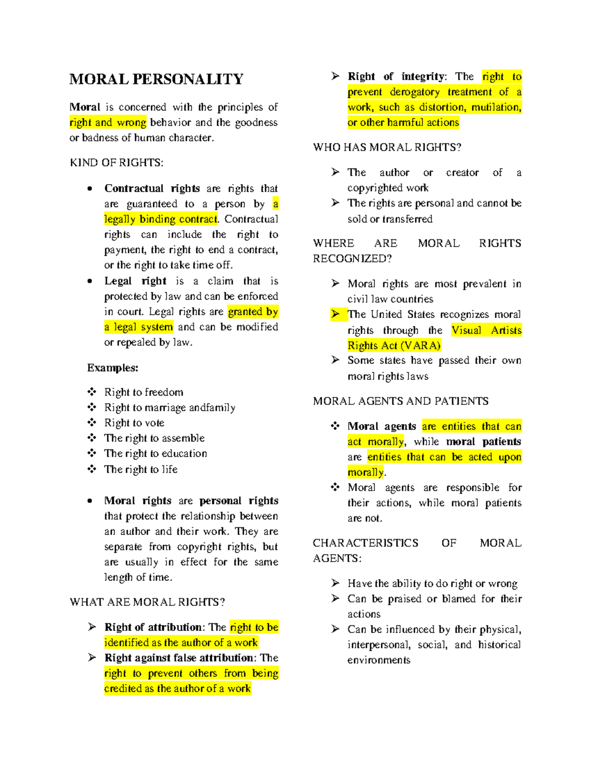 Ethics- Reviewer - MORAL PERSONALITY Moral is concerned with the ...