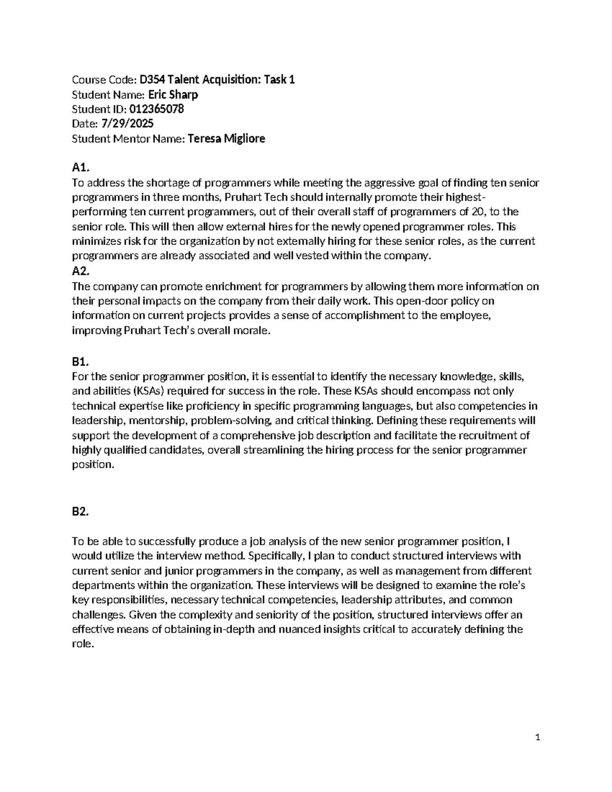 D354 Talent Acquisition: Task 1 Analysis and Recommendations - Studocu