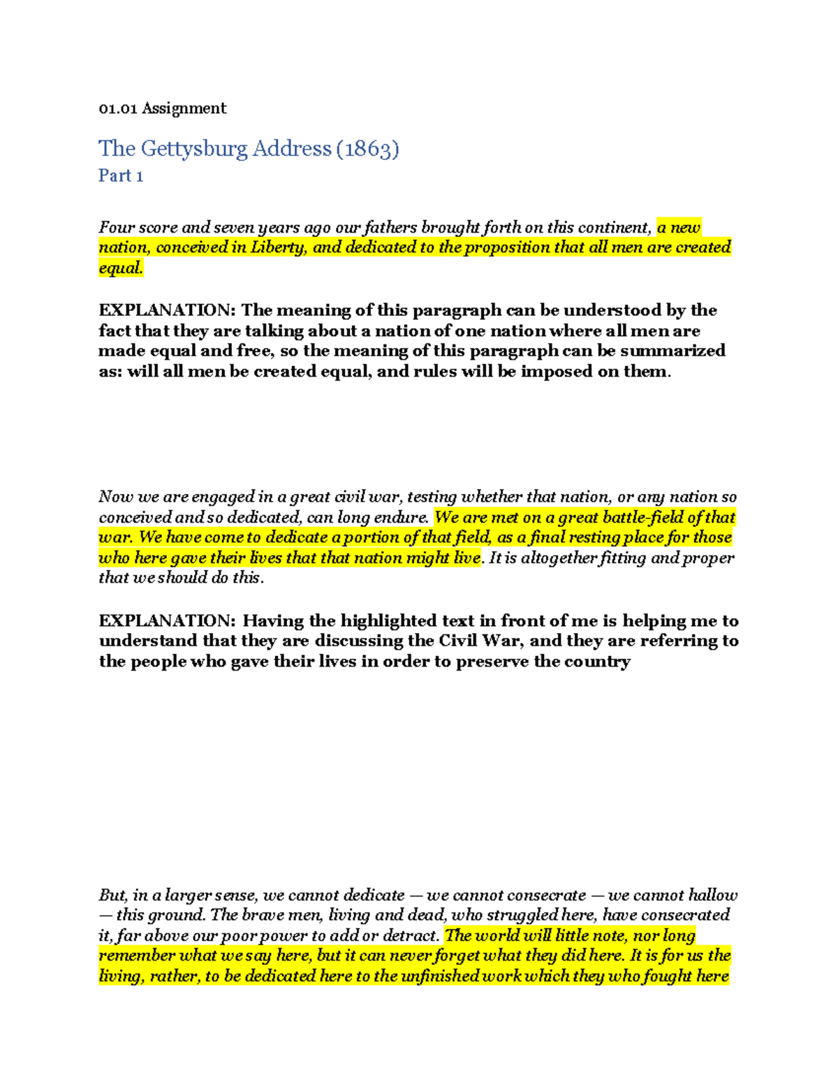 01 - Assignment on The Gettysburg Address (1863) Analysis - Studocu