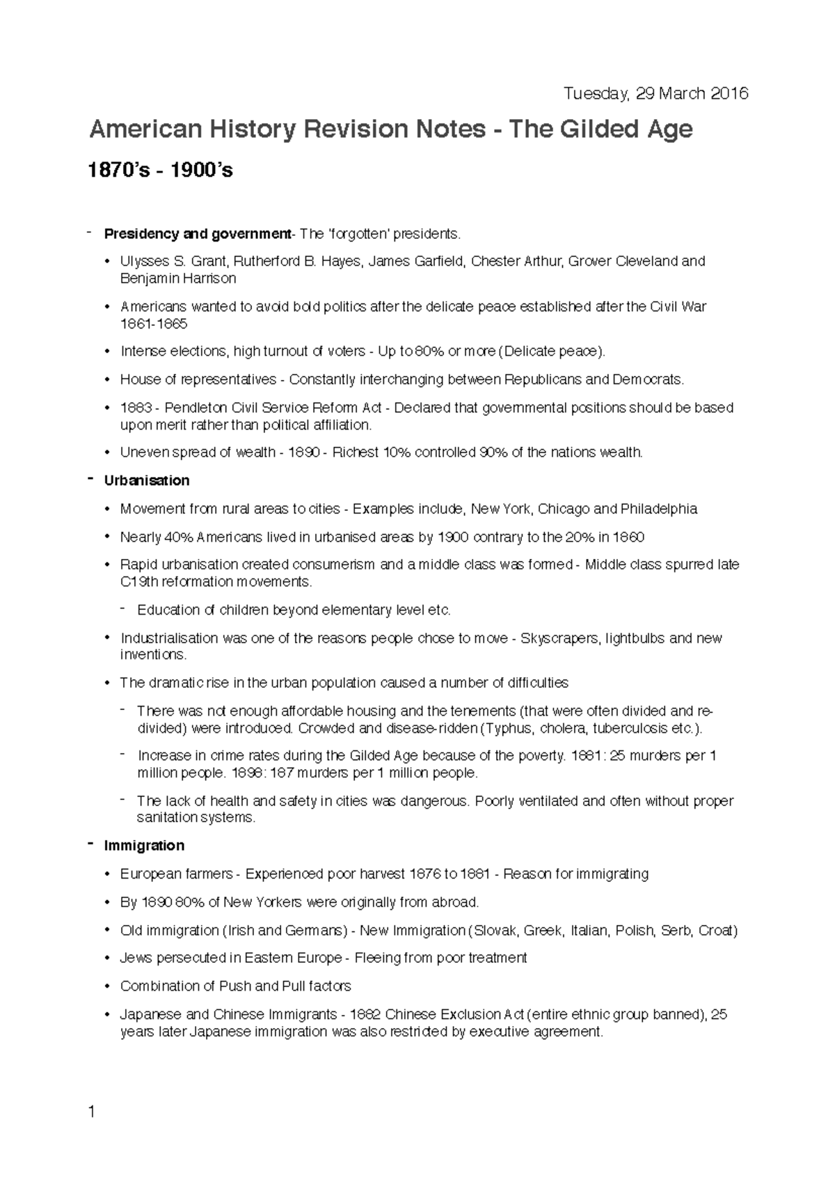 Revision Notes - American History: The Gilded Age - Lecture 1 - Studocu